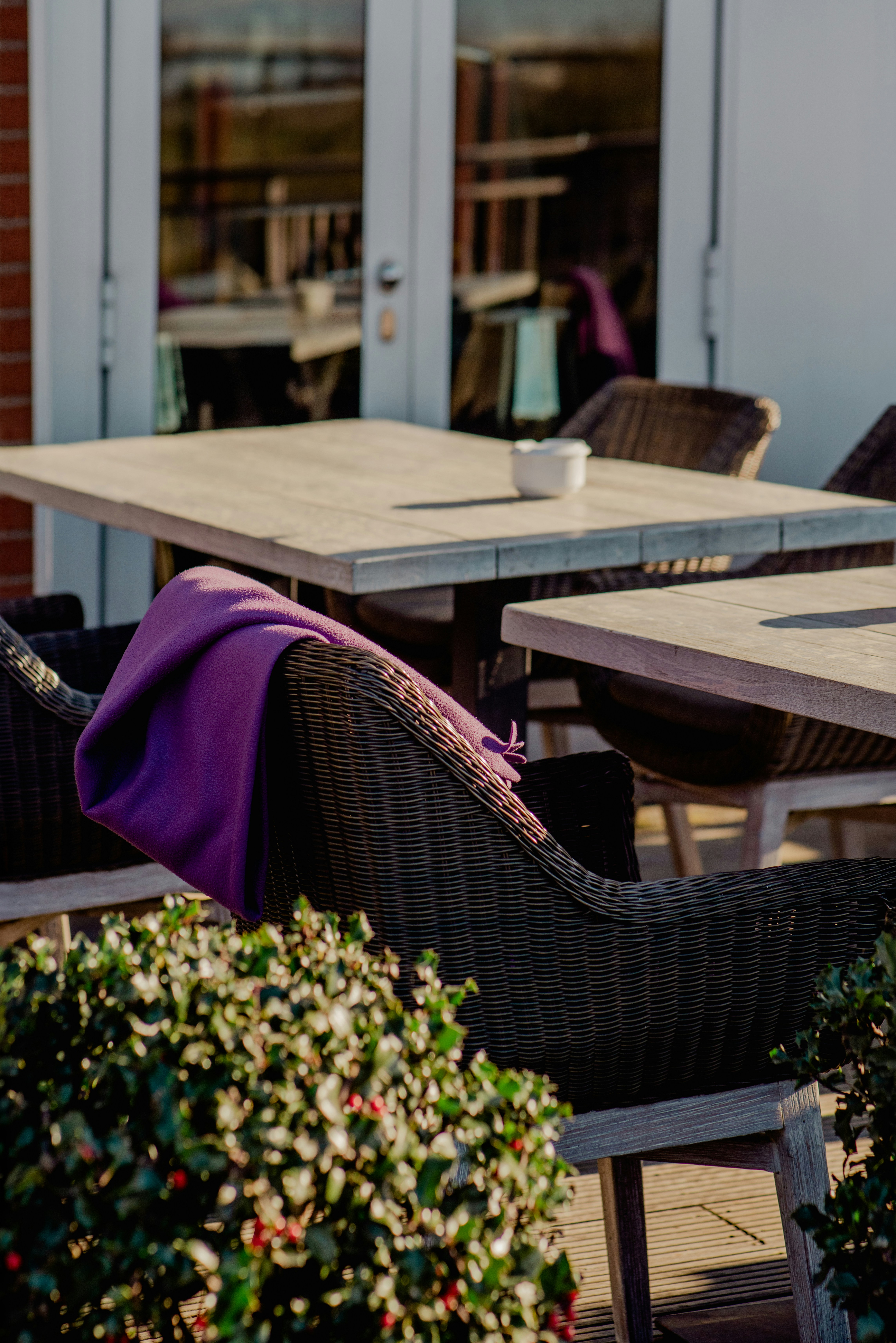 Purple Blanket Draped Over Rattan Chair at Quiet Outdoor Café