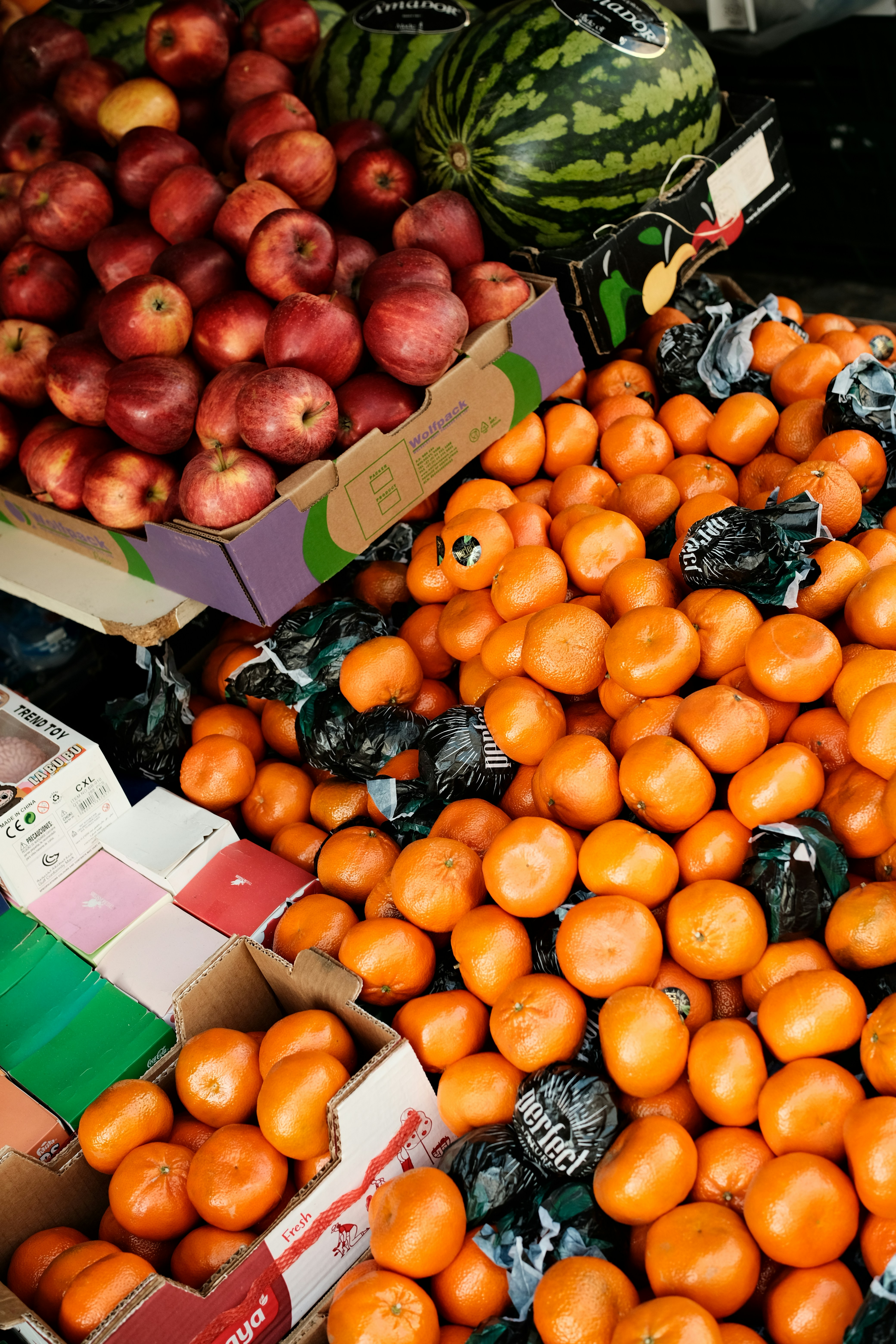 Orchard Palette: A Bounty of Red Apples and Orange Citrus