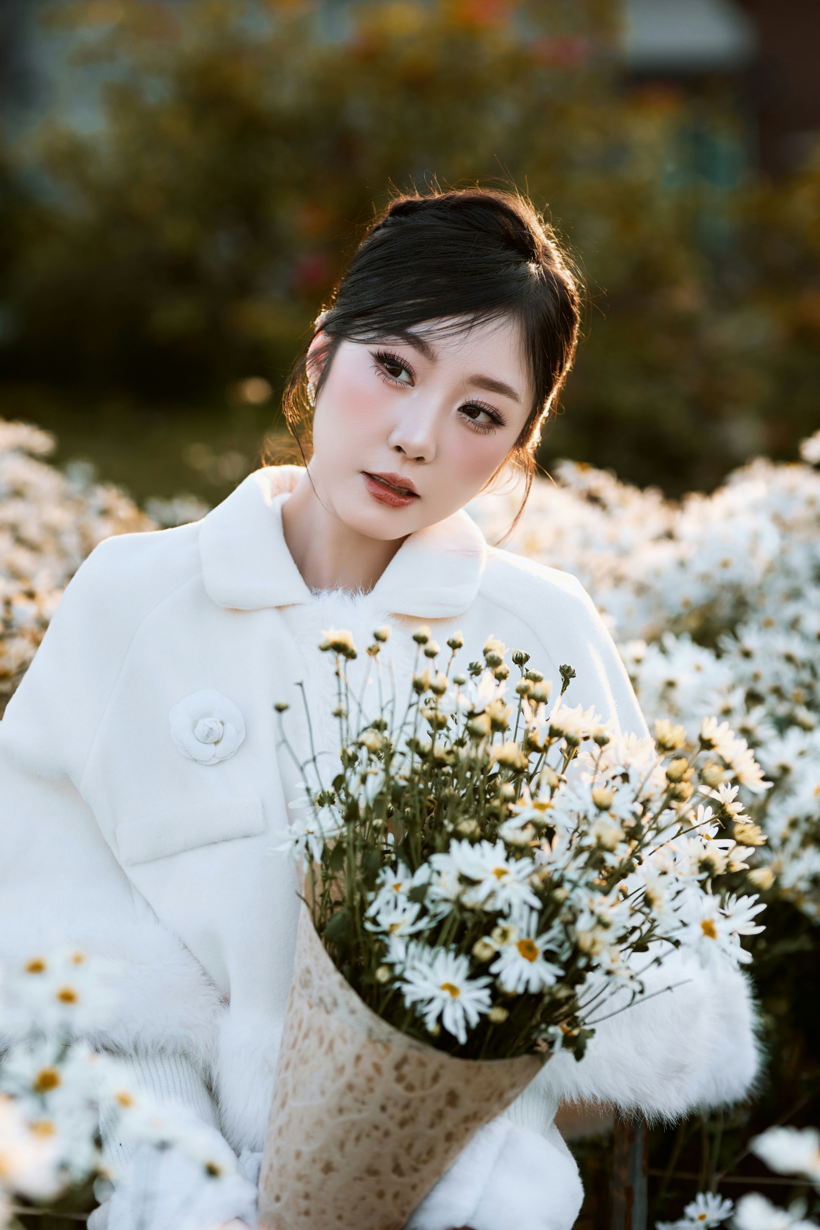 White Coat, White Daisies: A Quiet Portrait in Golden Light