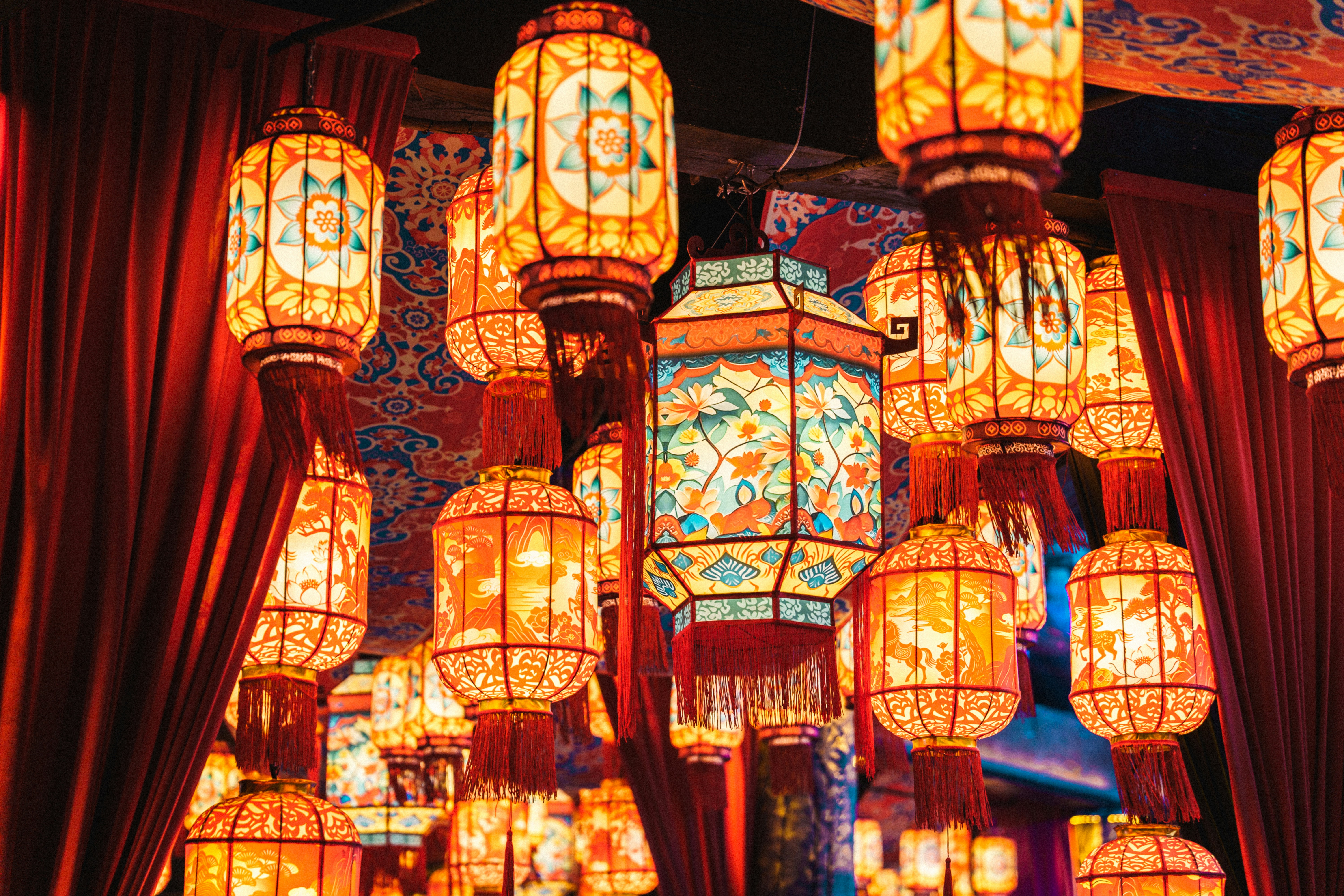 Luminous Lantern Carousel: Warm Orbs Amid Velvet Drapery