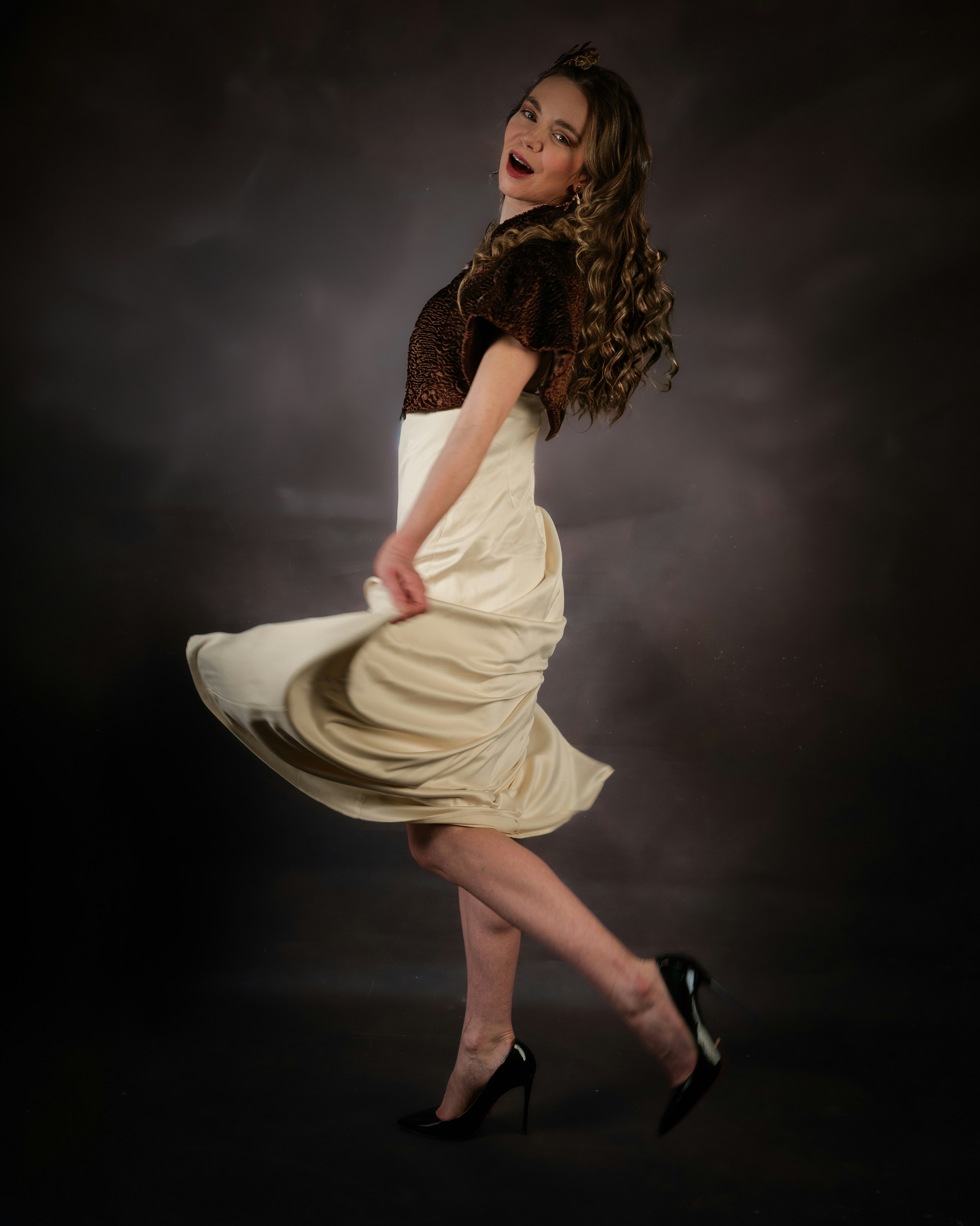Twirl of Velvet Skirt Beneath a Moonlit Smile