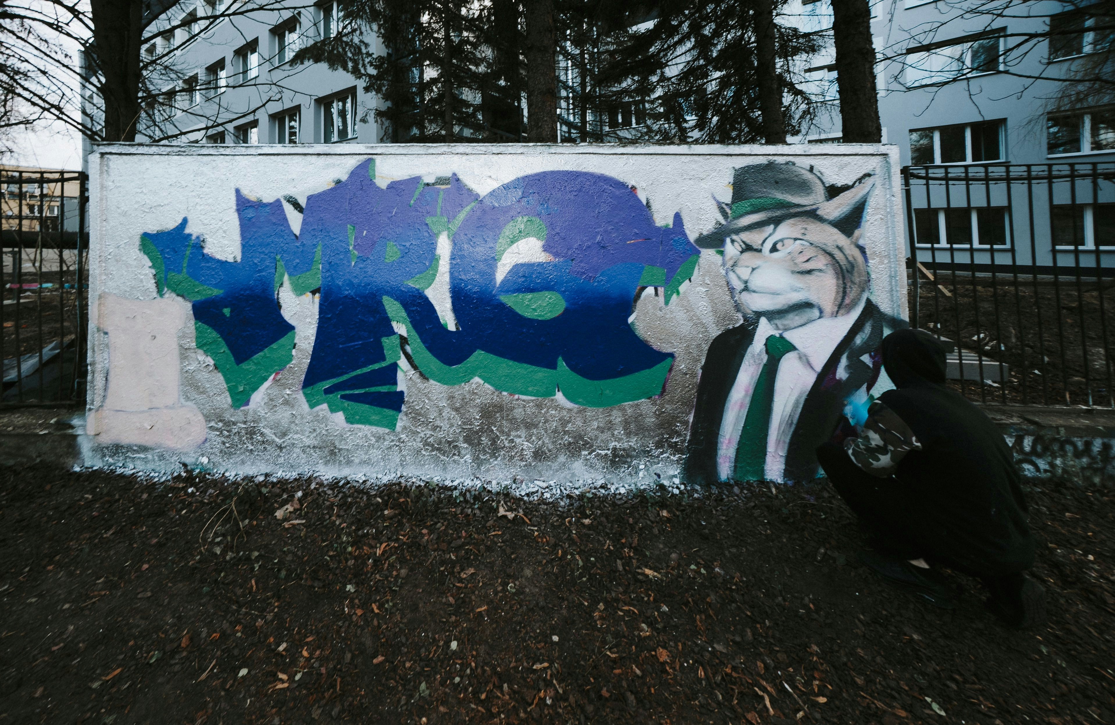 Graffiti Encounter: Cat-Suited Portrait on a Concrete Wall