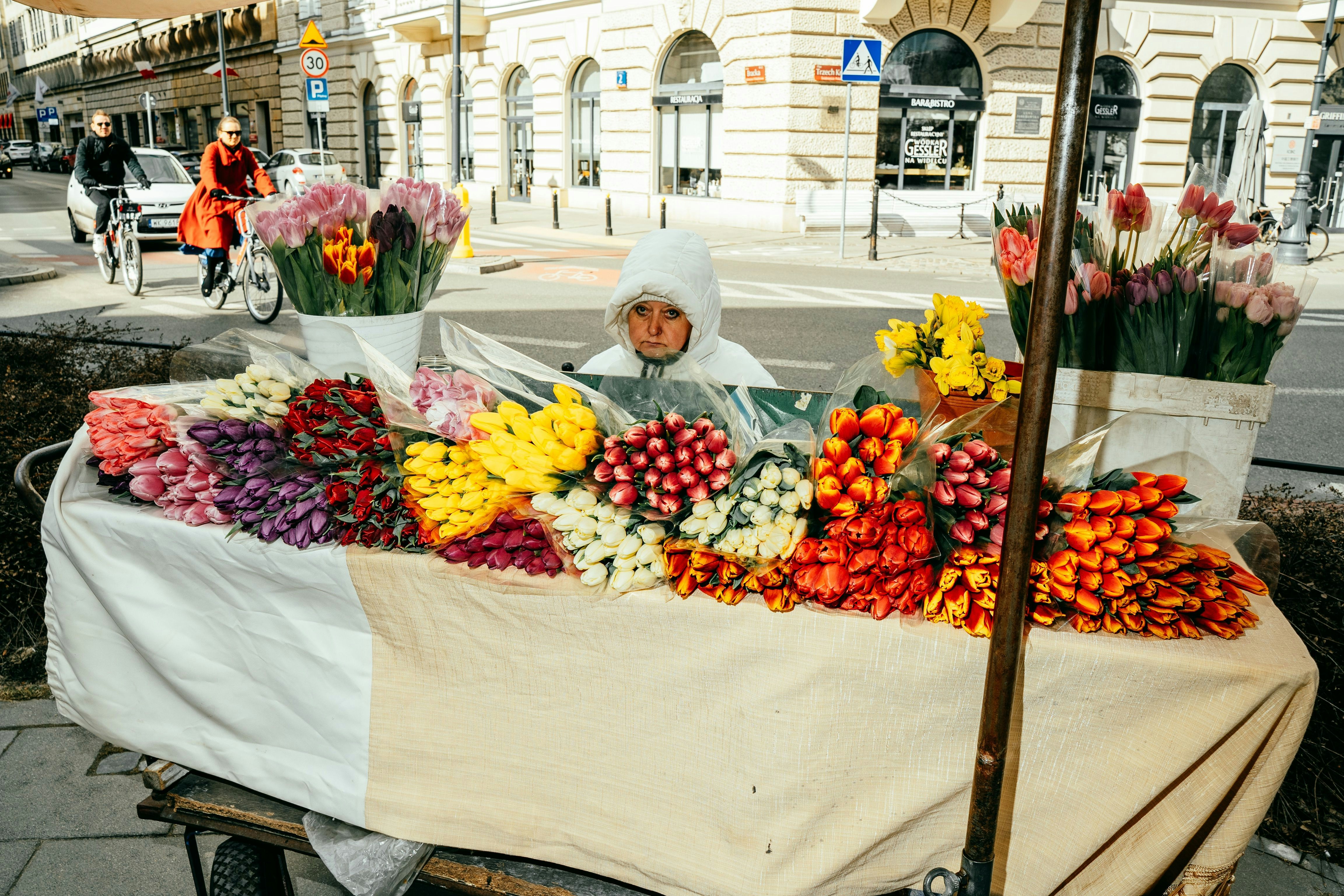 Street Vendor’s Tulip Parade: A Farmer’s Market Corner in Color