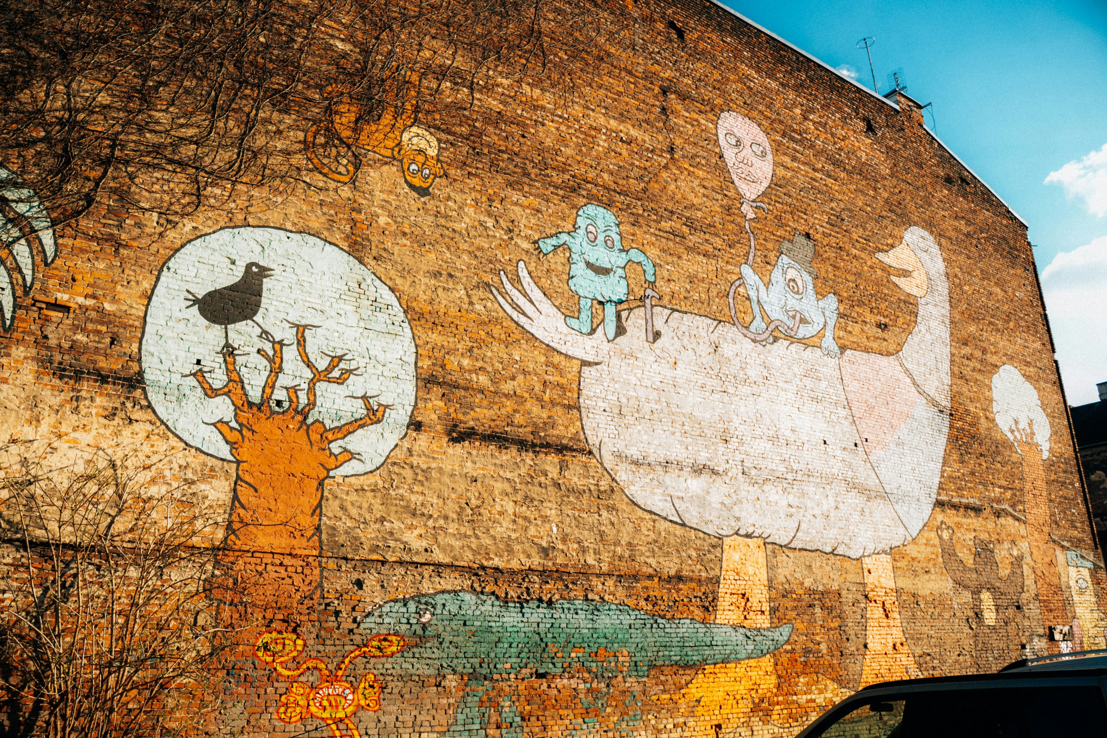 Whimsical Giants on a Brick Canvas