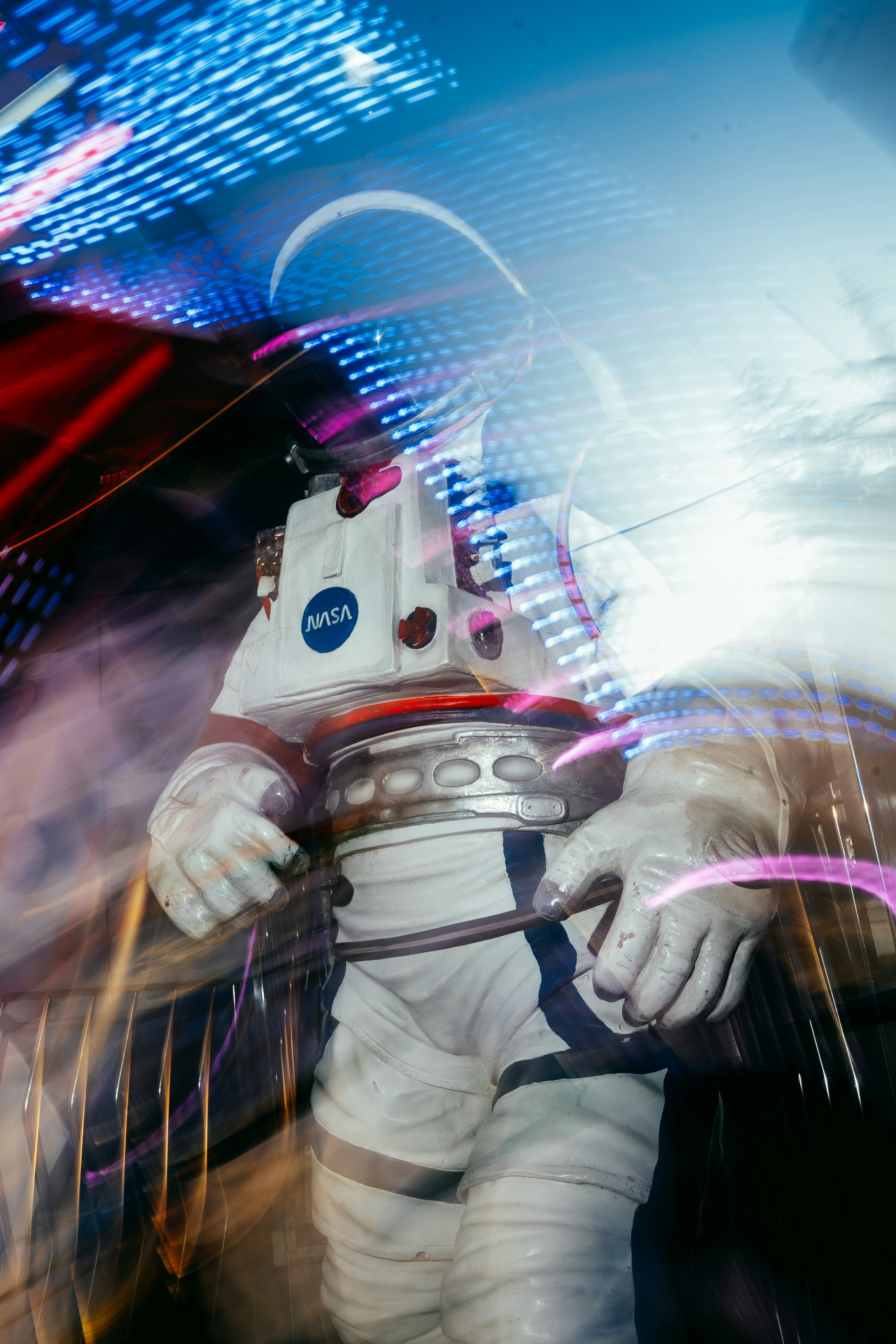Astronaut in Neon Wake: A Spacewalk Through Light Trails