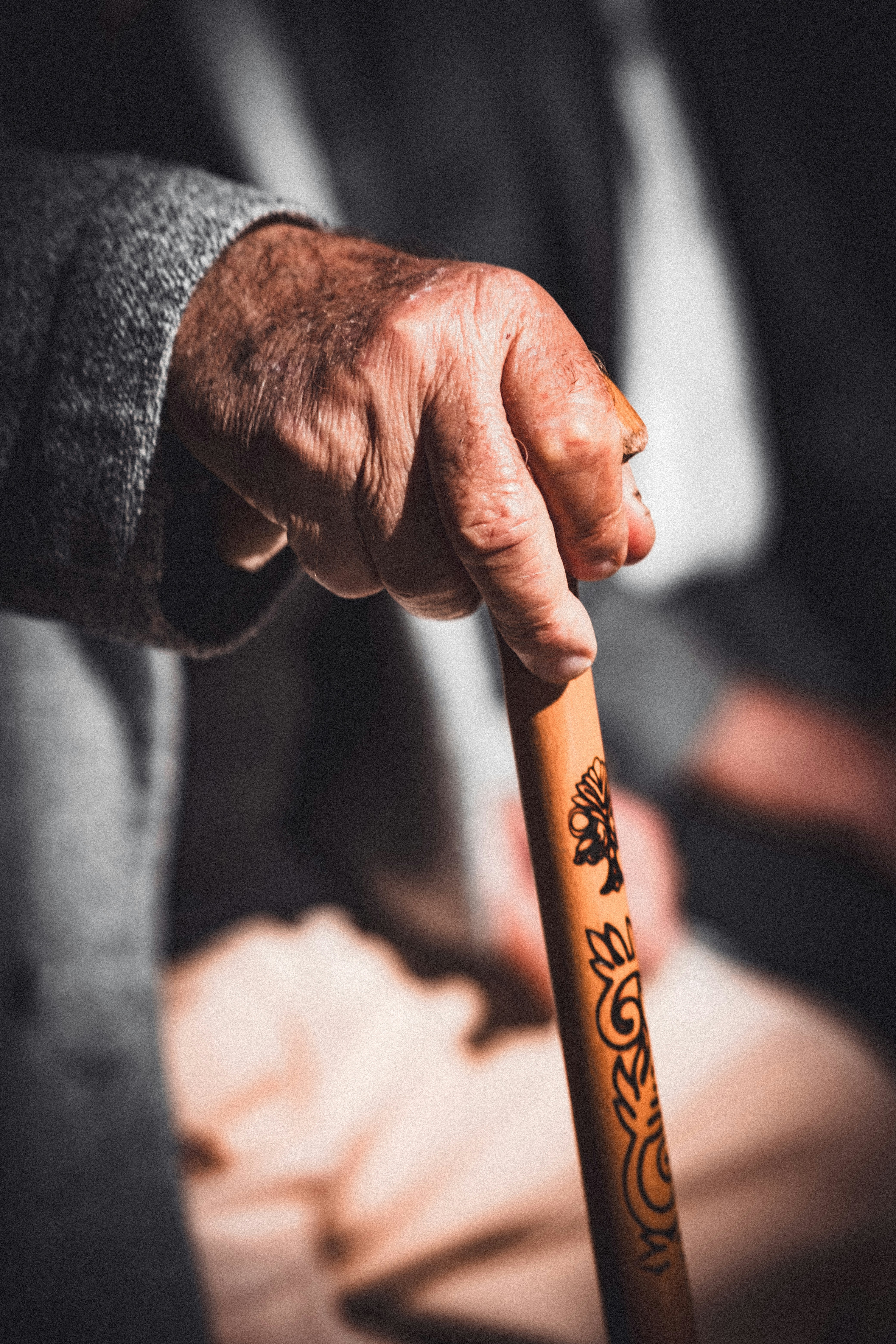 Aged Hand Grips a Carved Walking Stick in Soft Portrait Light