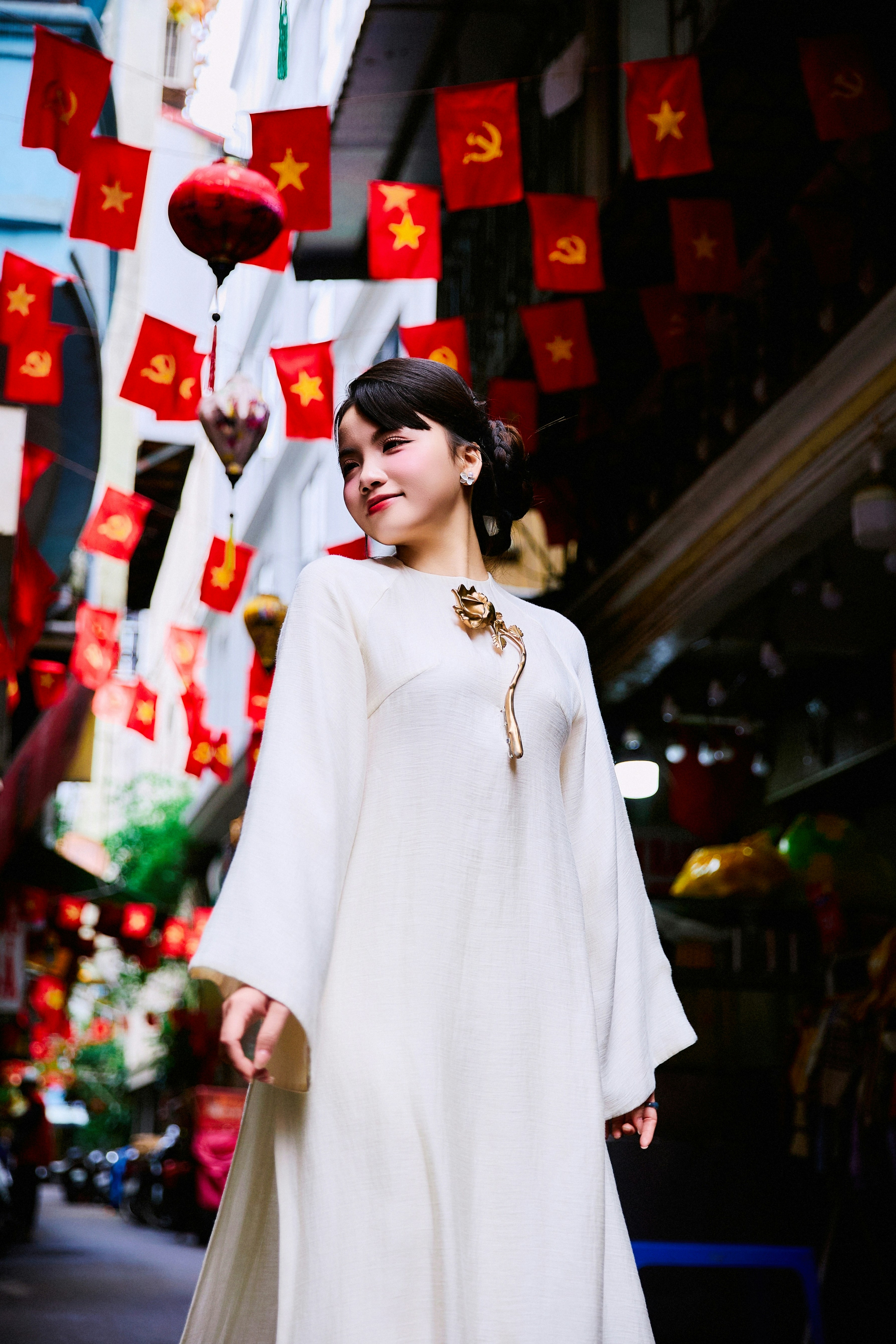 White Cheongsam Portrait Amid Red Flags and Lanterns