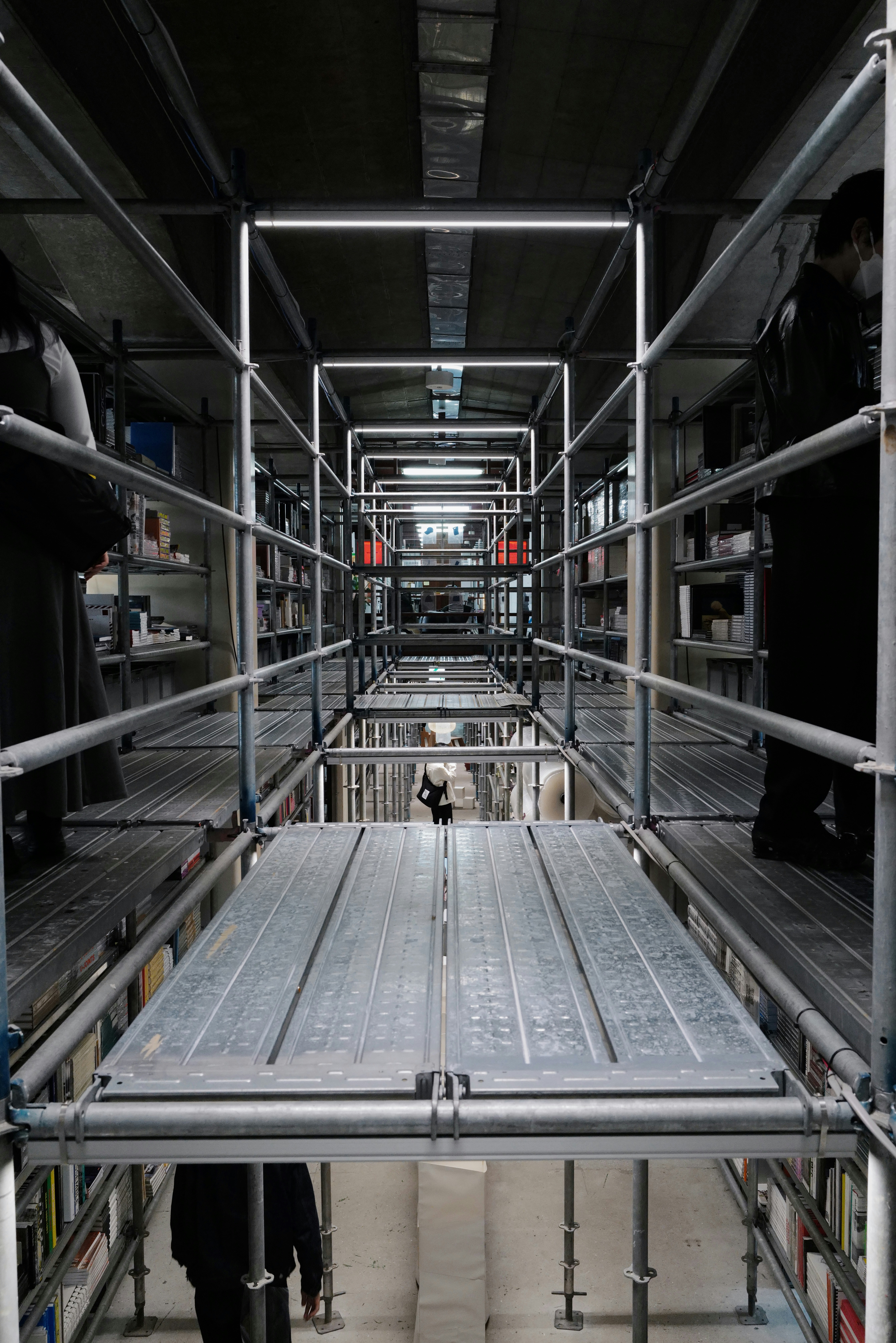Vertical Labyrinth: A Central Aisle Receding Through Industrial Shelving