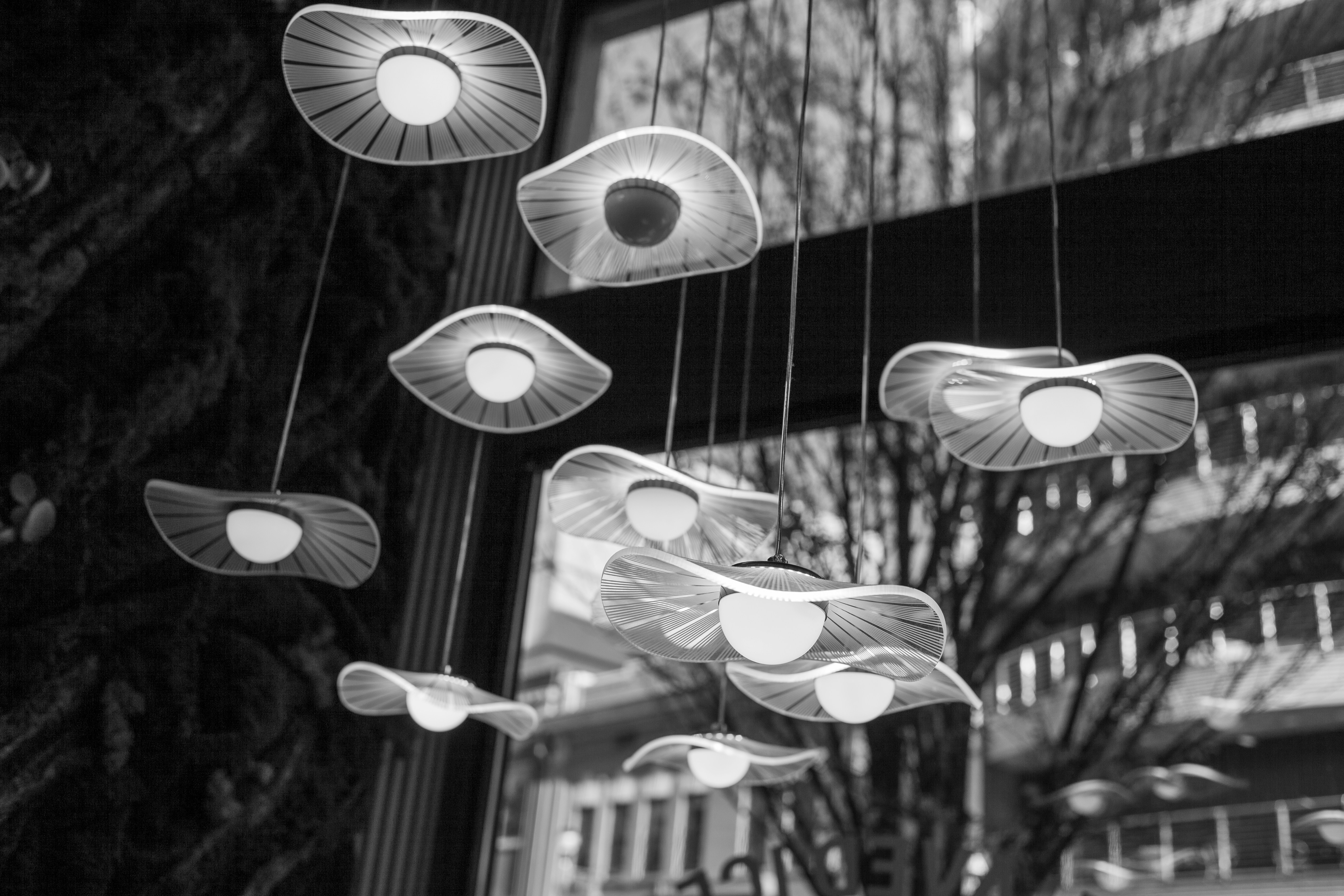 Floating Lamps in a Glass Atrium