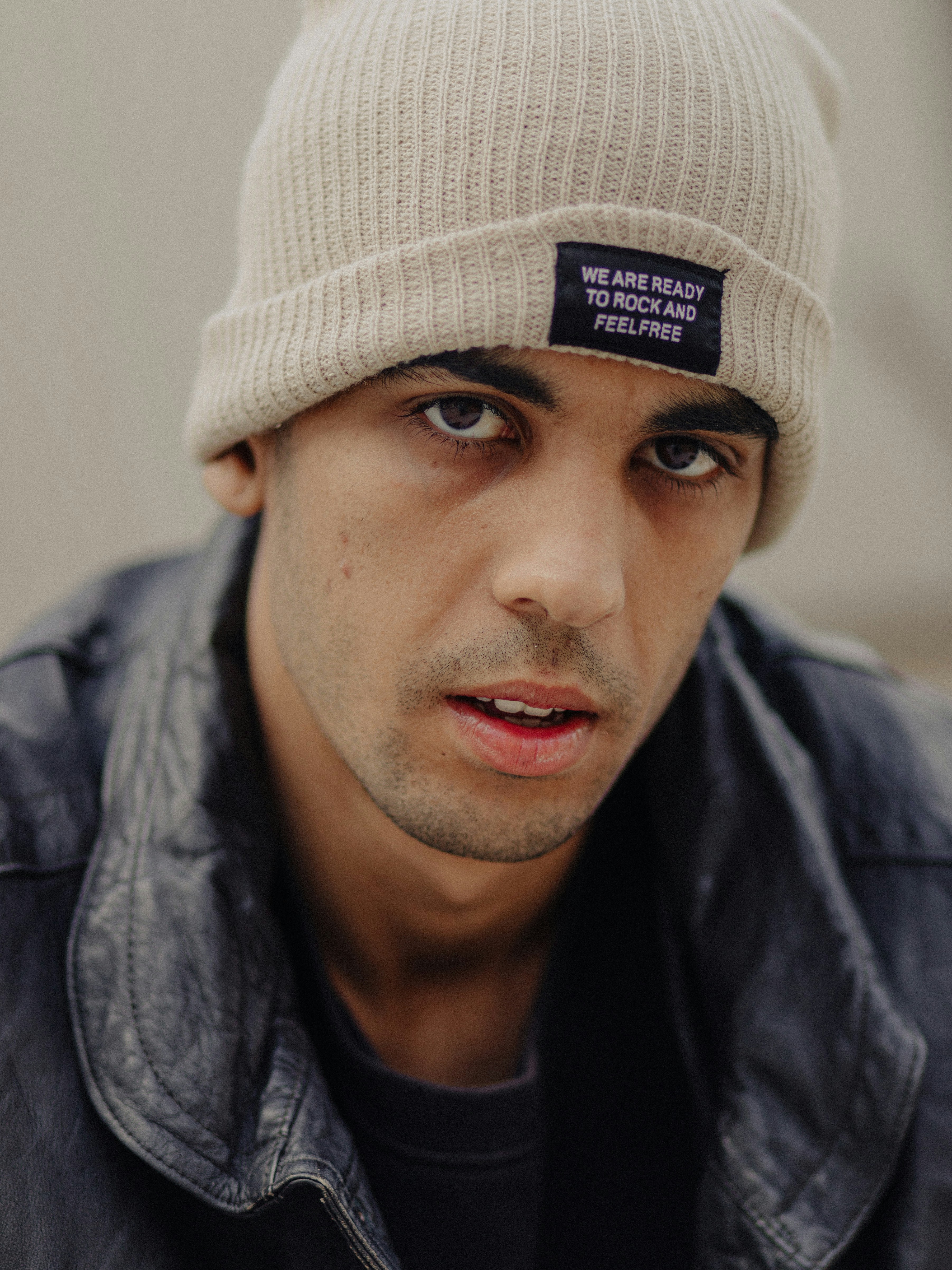 Close-Up Gaze in a Woolen Beanie