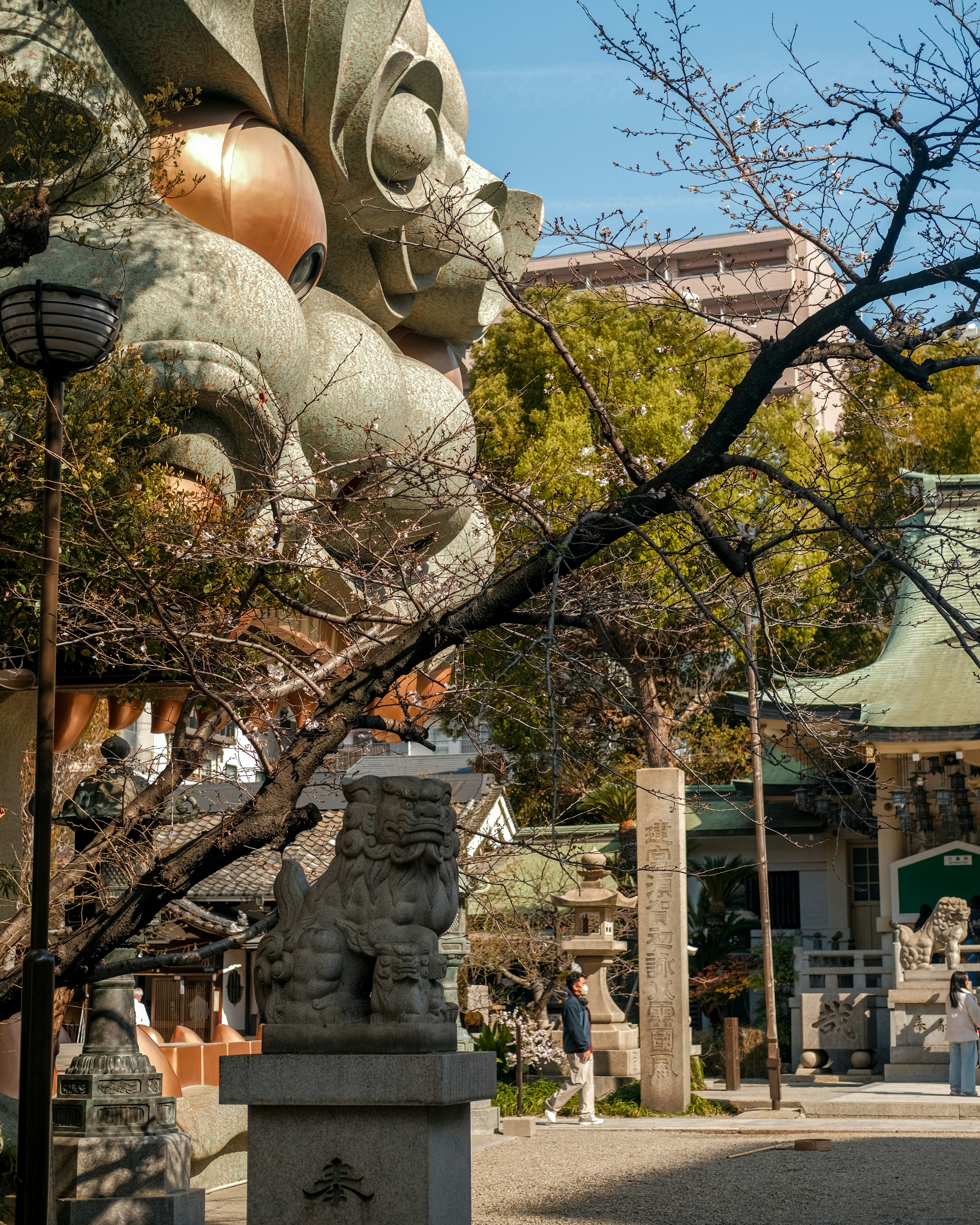 Stone Guardians Under a Hidden Sky: A Temple Courtyard in Bloom