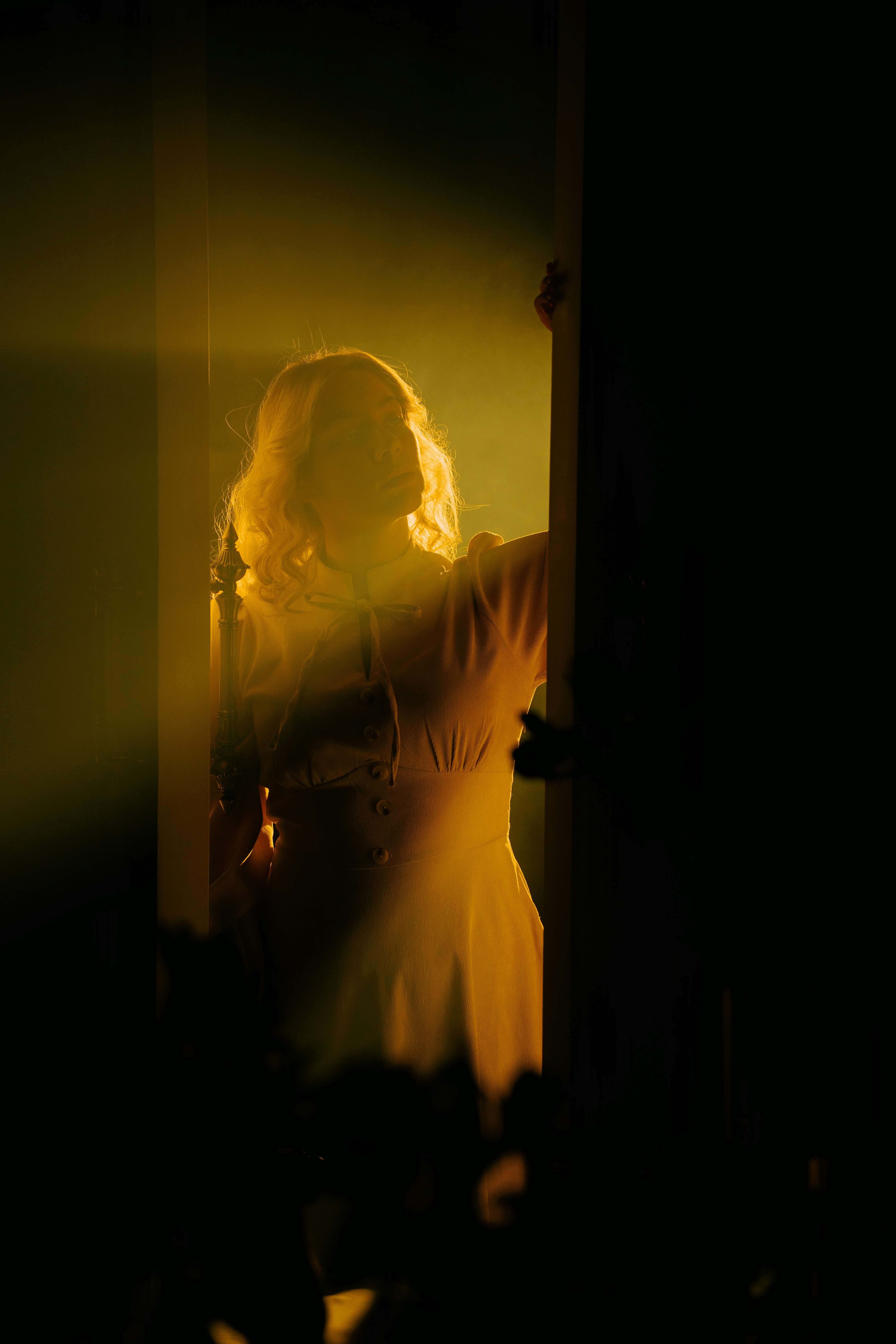 Golden-Backlit Veil: A Figure in Shadowed Doors