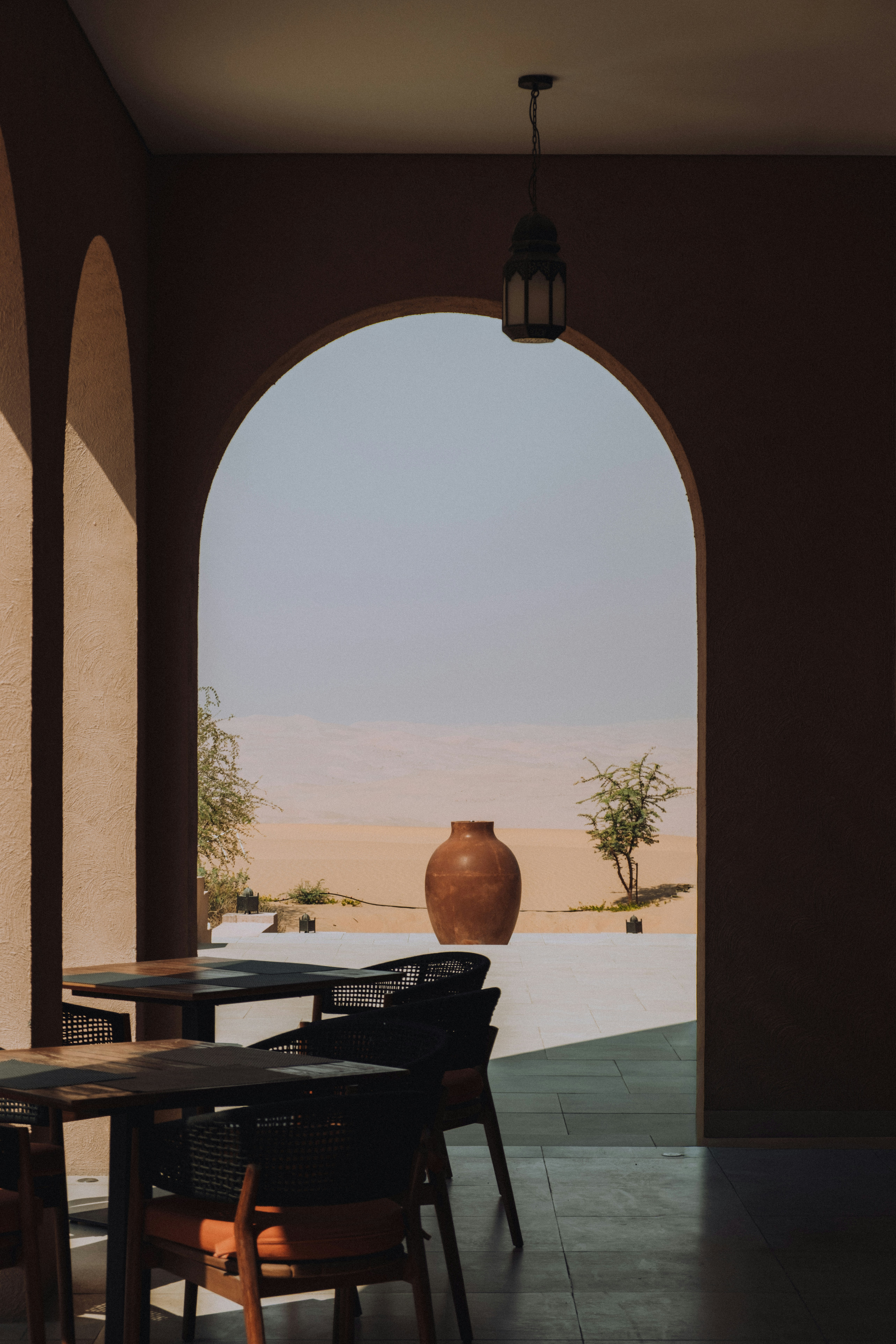 Arched Terrace View: Desert Vase Against Morning Light