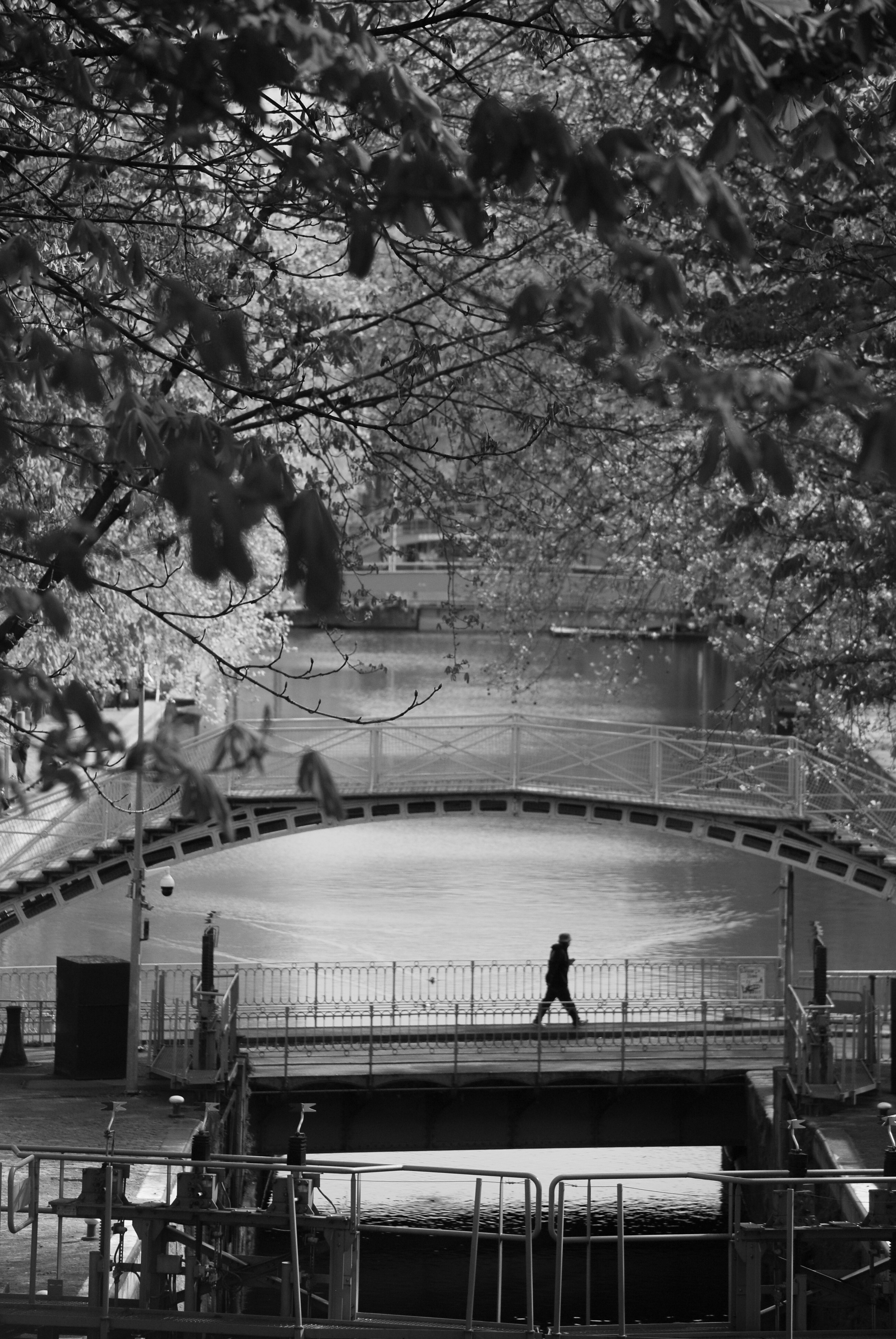 A solitary walker traces the curved bridge above a quiet canal