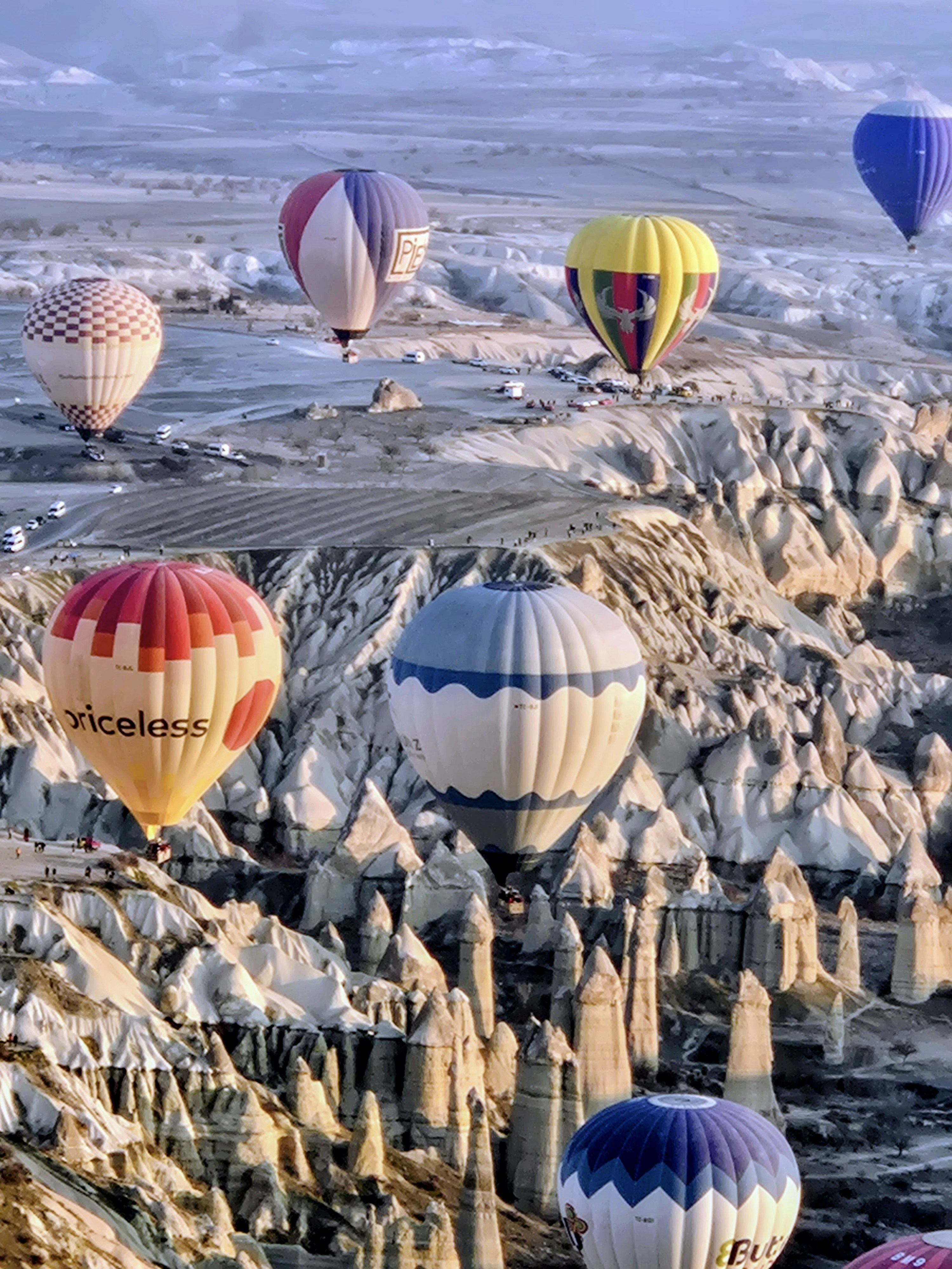 Colorful hot air balloons drift over a rugged canyon landscape, showcasing wide-angle aerial perspective and soft sunrise hues.