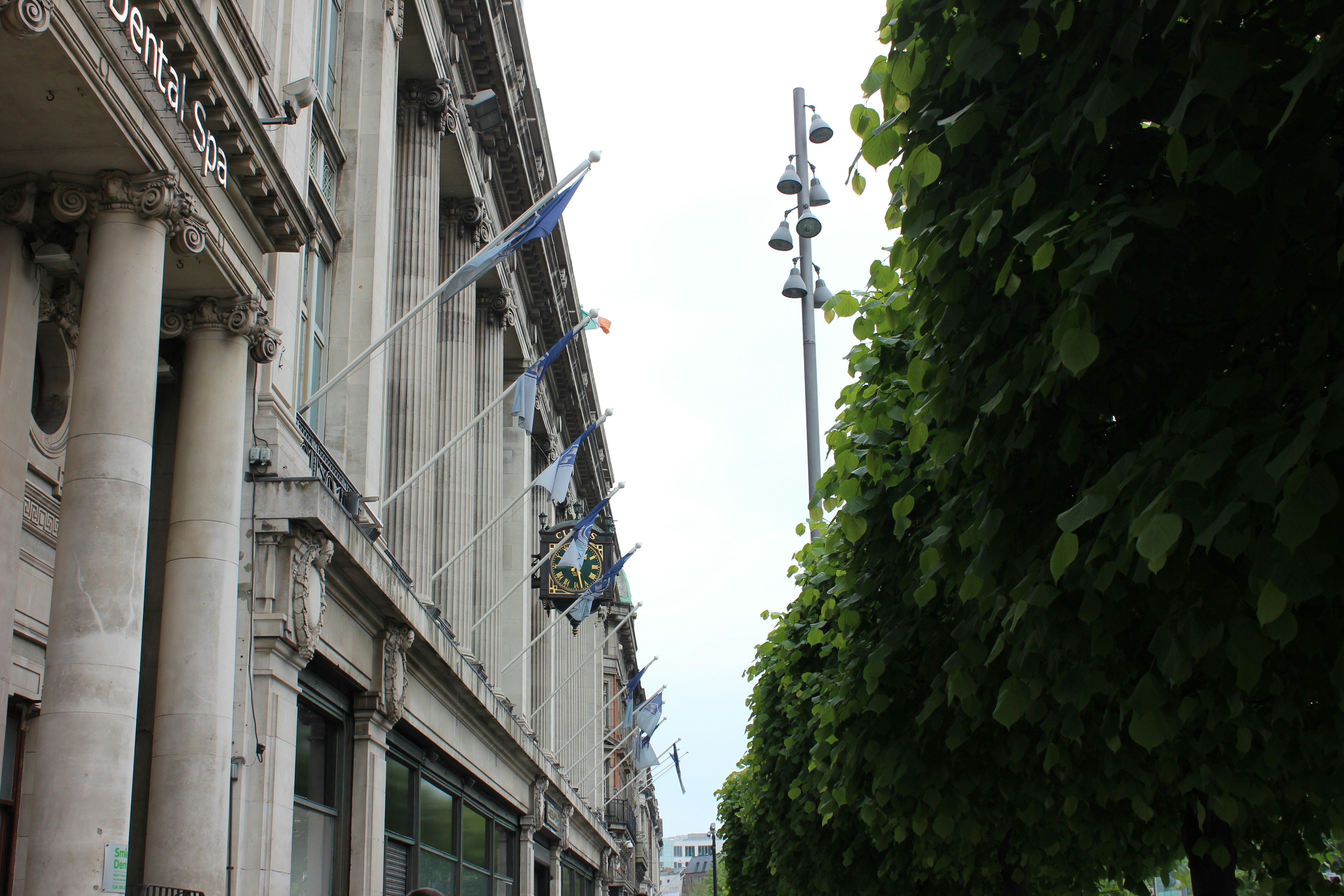 Flagged facade and tree-lined street converge under a blue-sky reveal