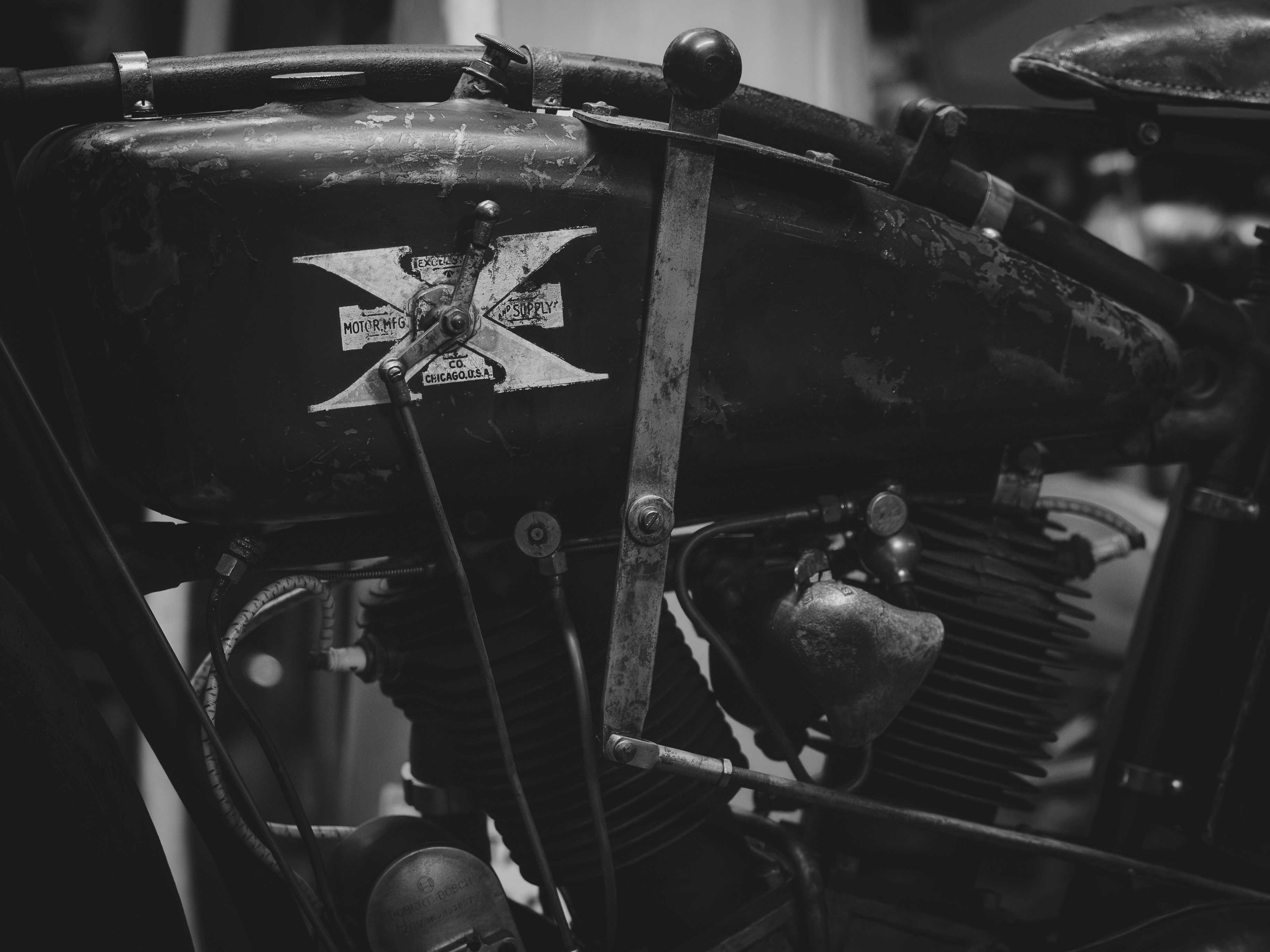 Rust and Chrome: A Silent Engine in Black and White