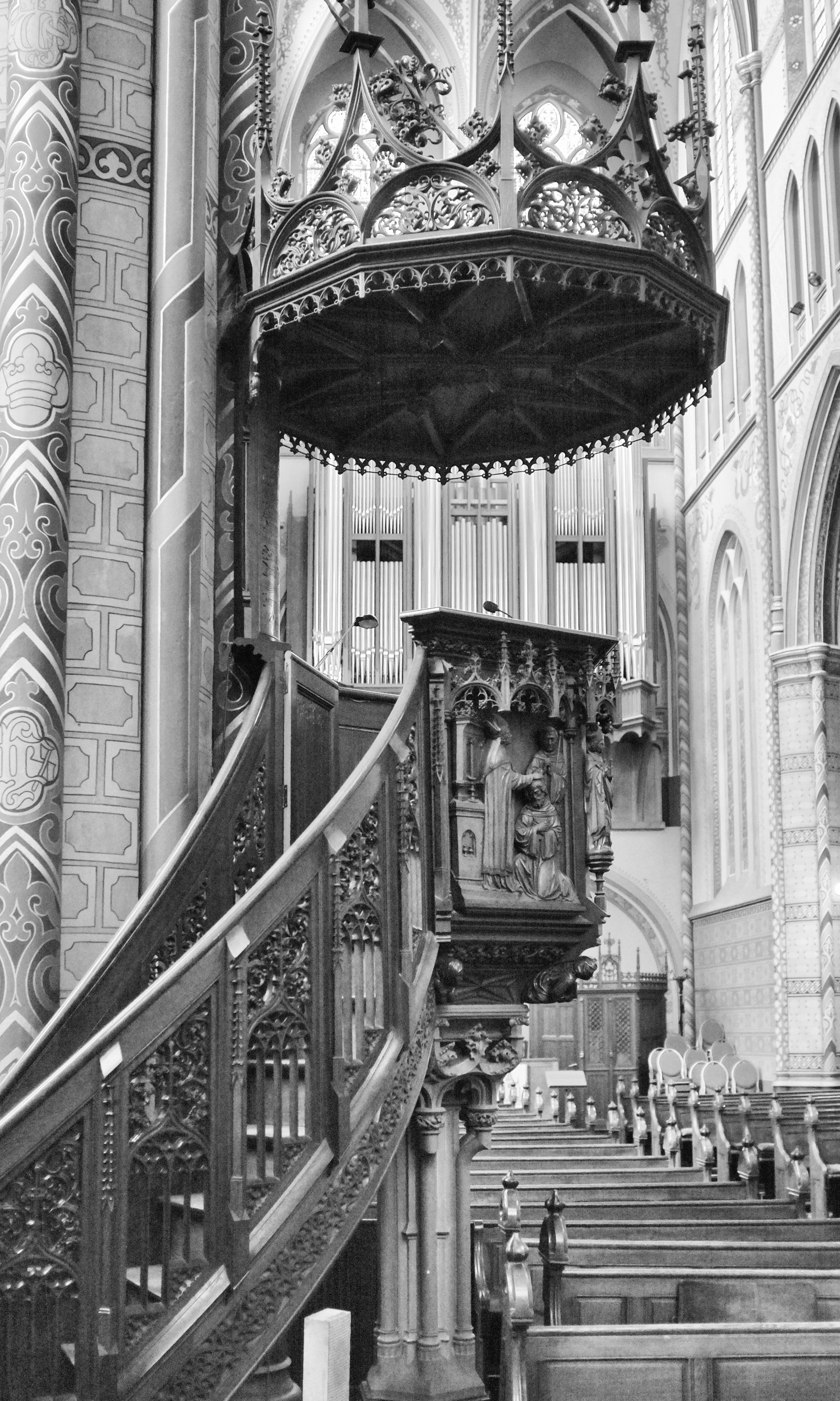 Ornate Balcony and Central Pulpit in Gothic Cathedral Interior