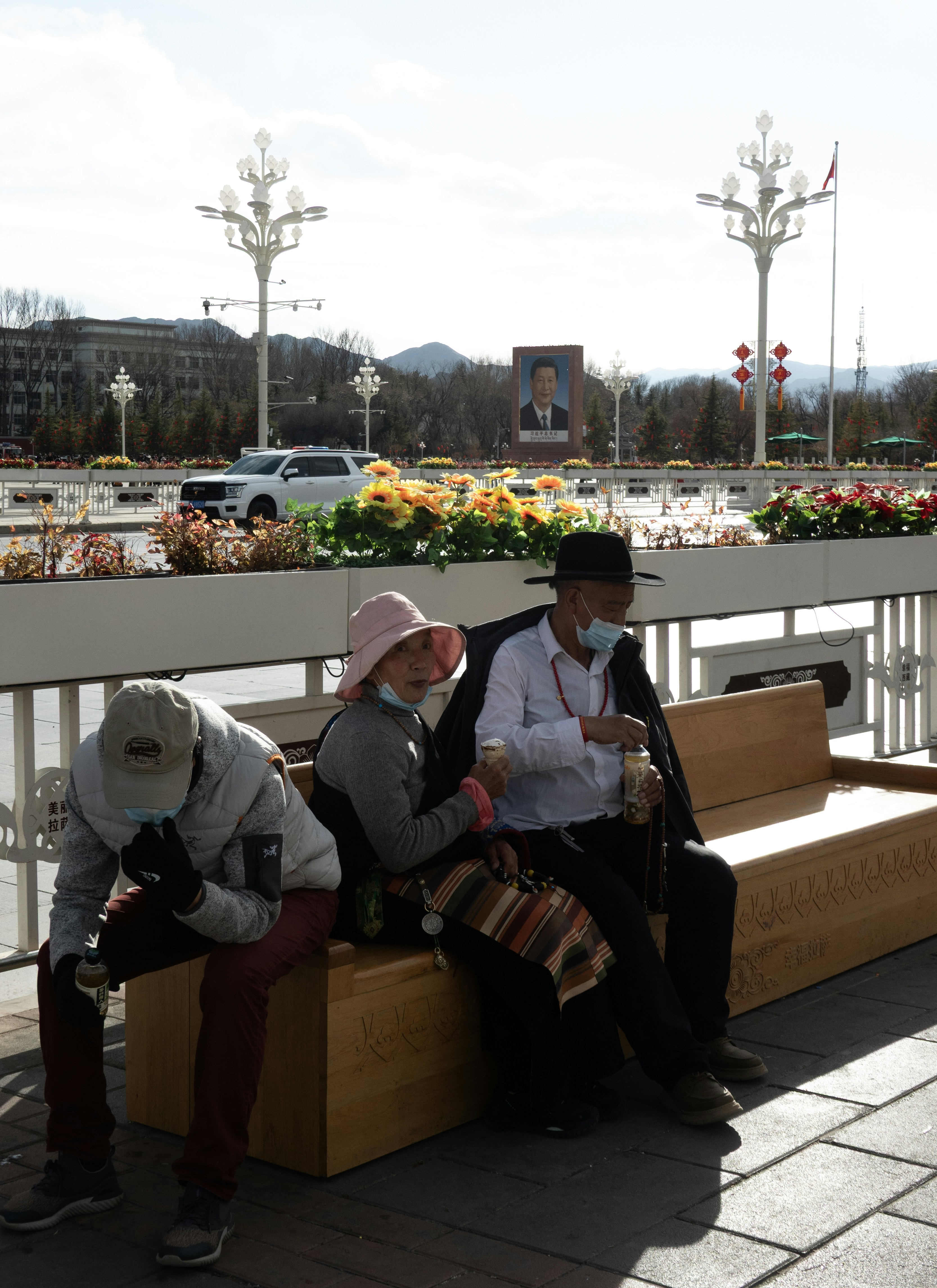 Sunlit Bench of Travelers under a Portrait Garden