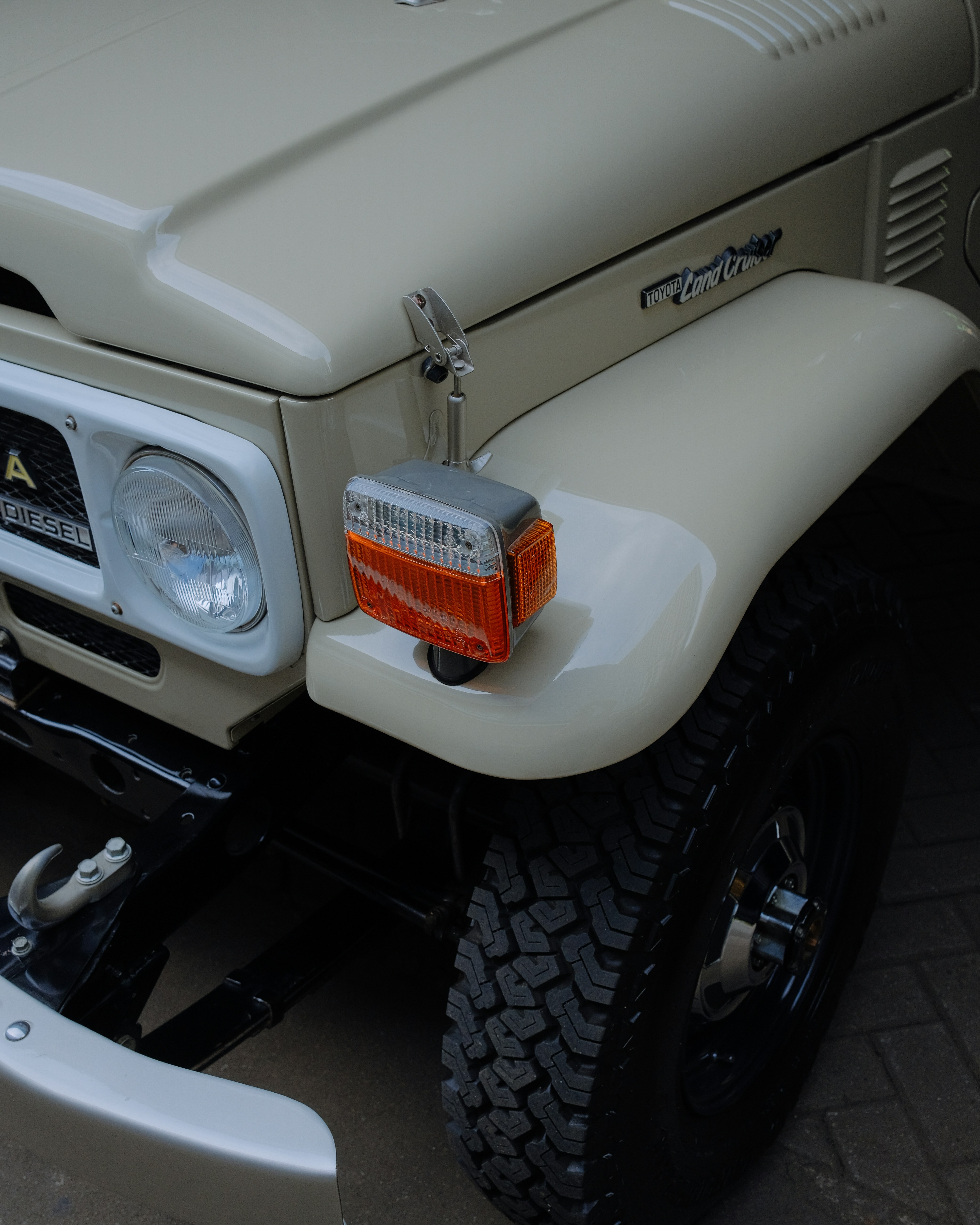 Beige Classic: Front Quarter of a Vintage Diesel Jeep