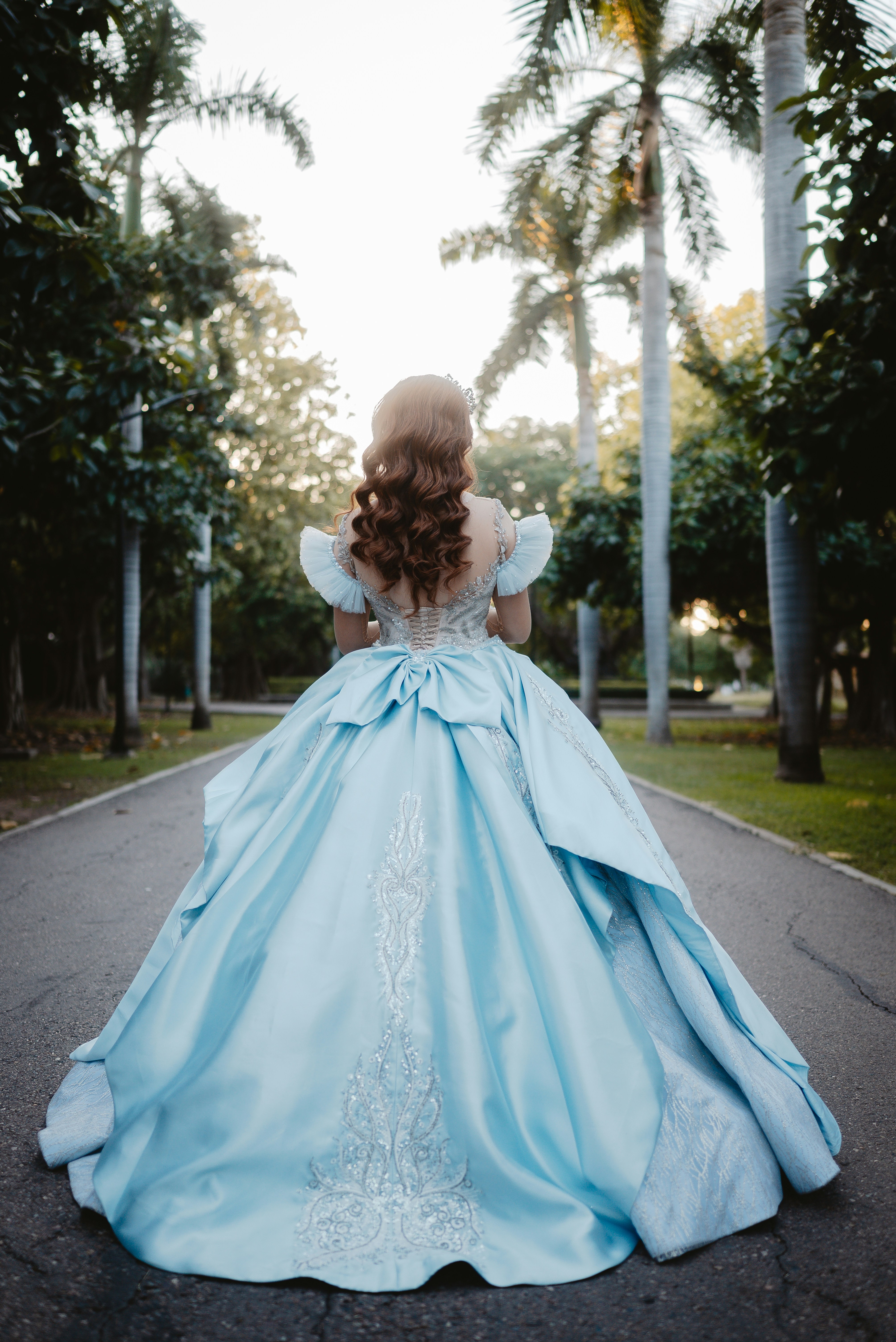 Blue ballgown on a sunlit avenue of palm trees