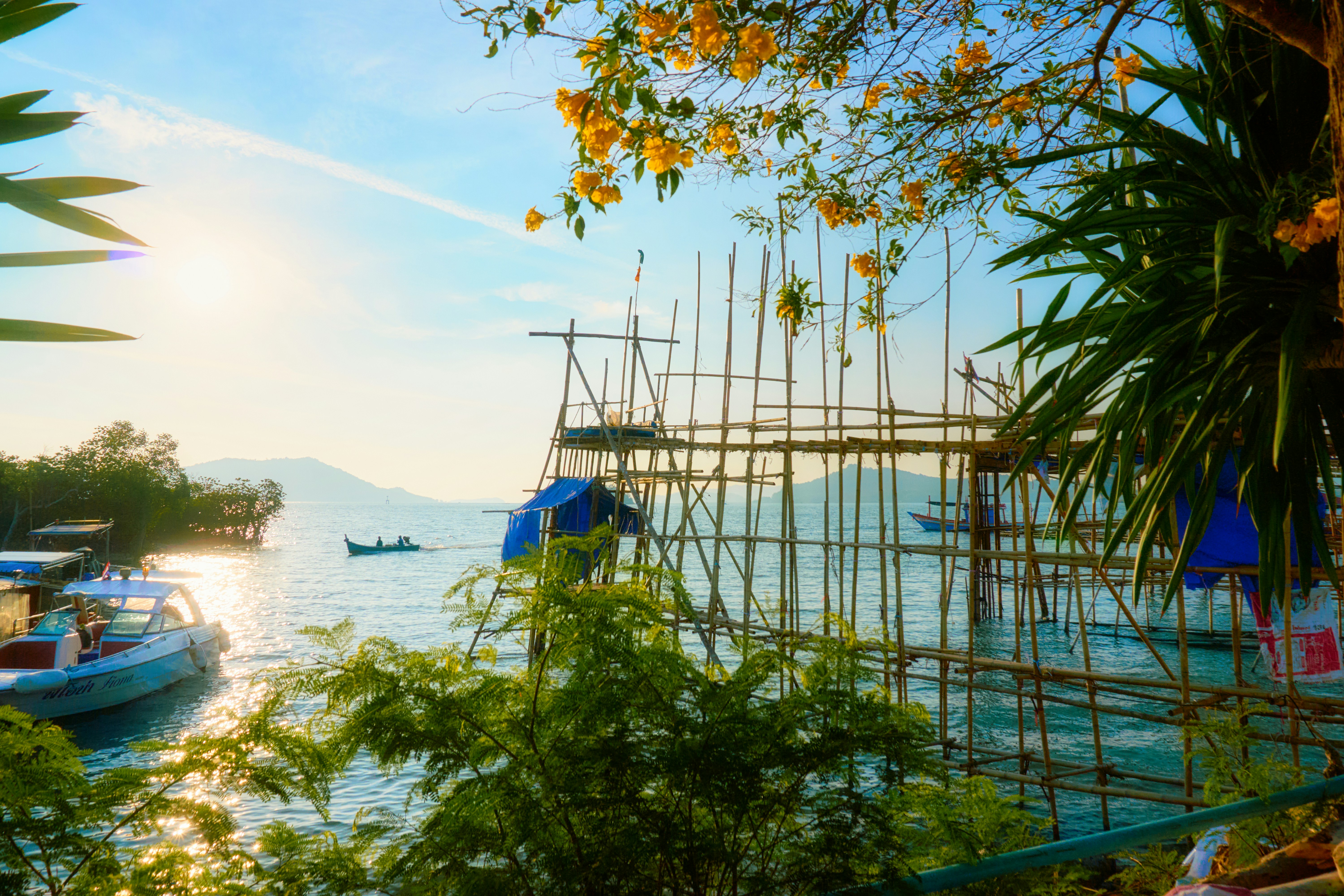 Sunlit Wharf: Bamboo scaffold and Boats at Dawn