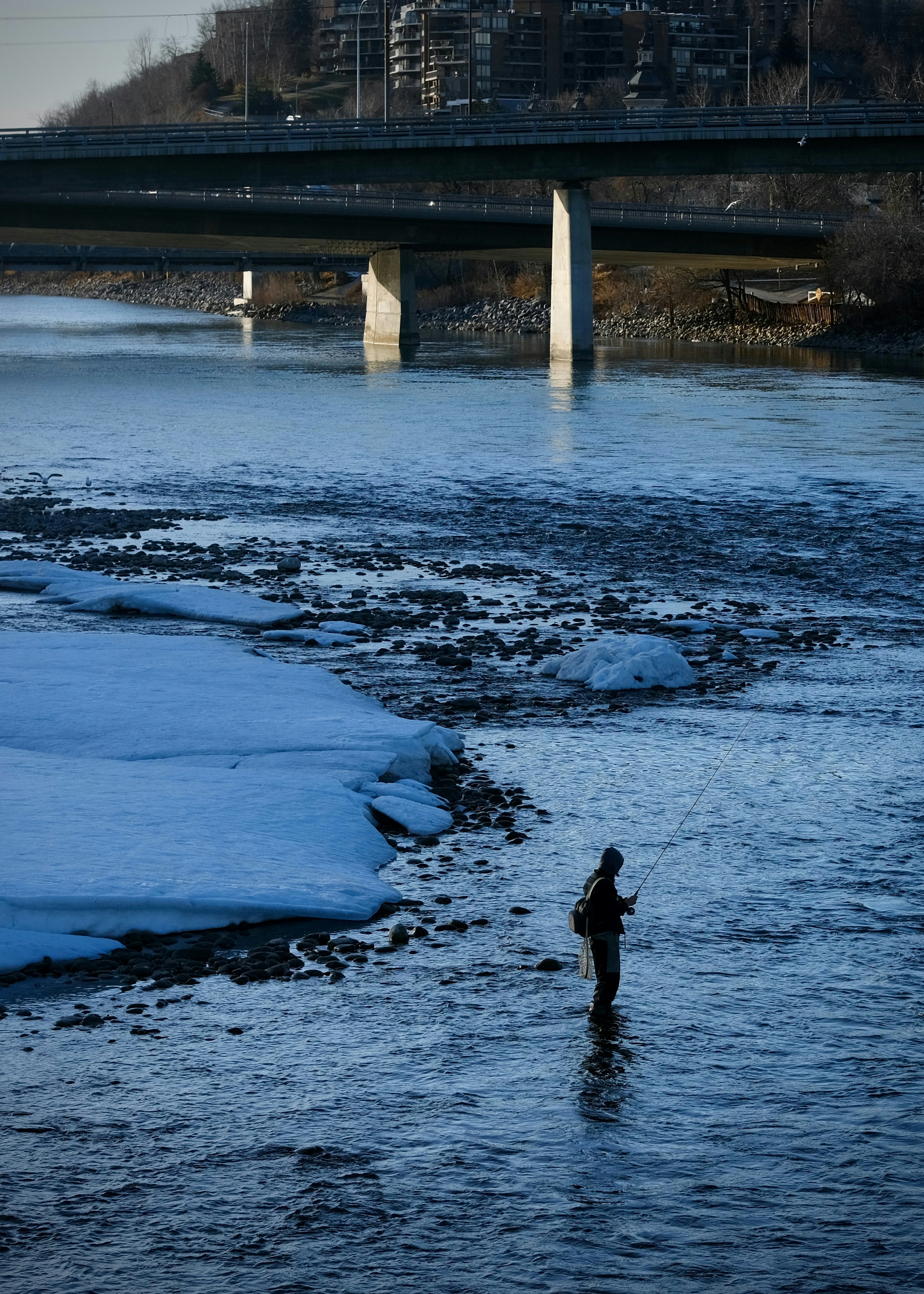 Fisherman at the Edge of Winter River beneath a Quiet Bridge
