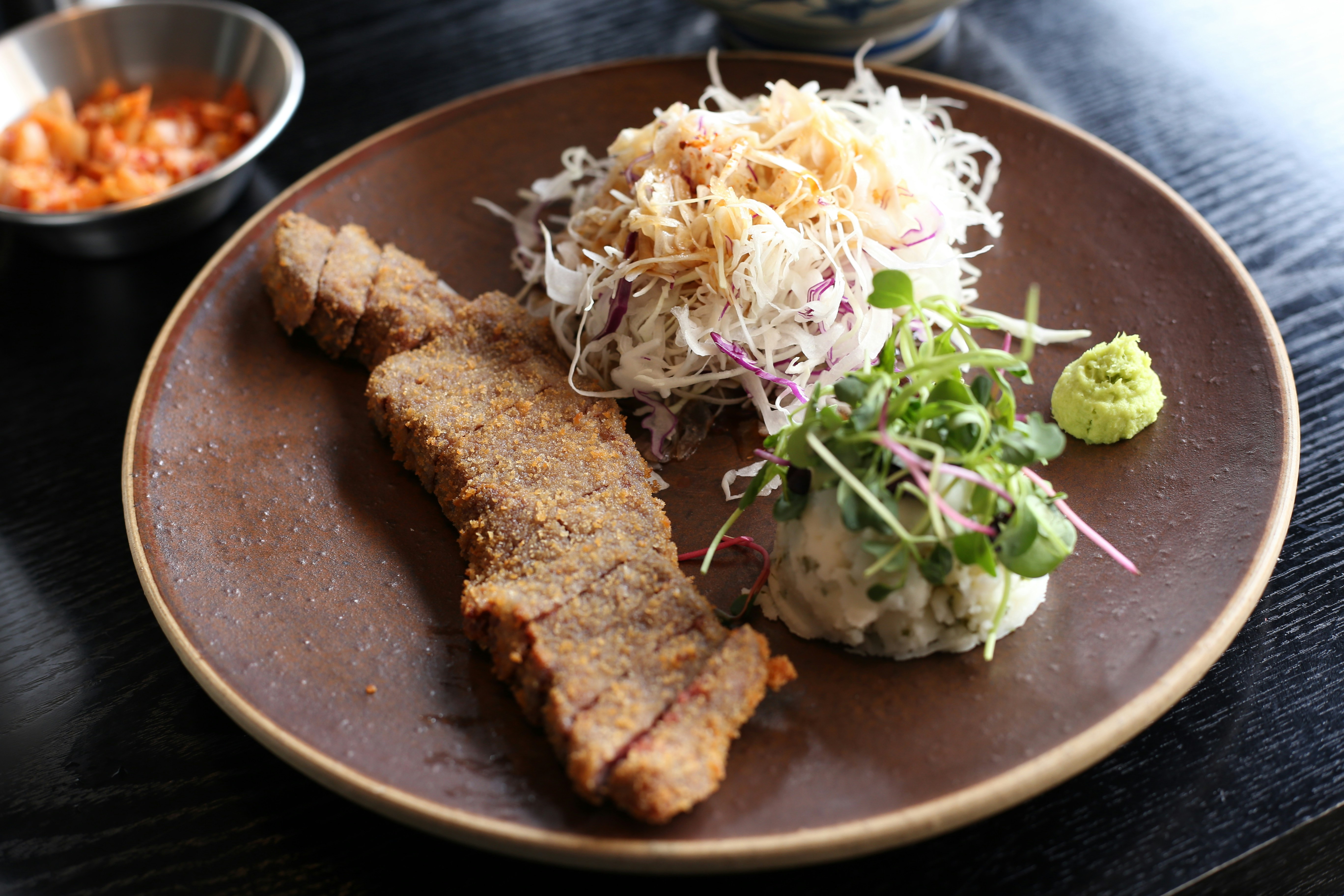 Crisped Meat Strip with Shredded Slaw and Wasabi Cloud