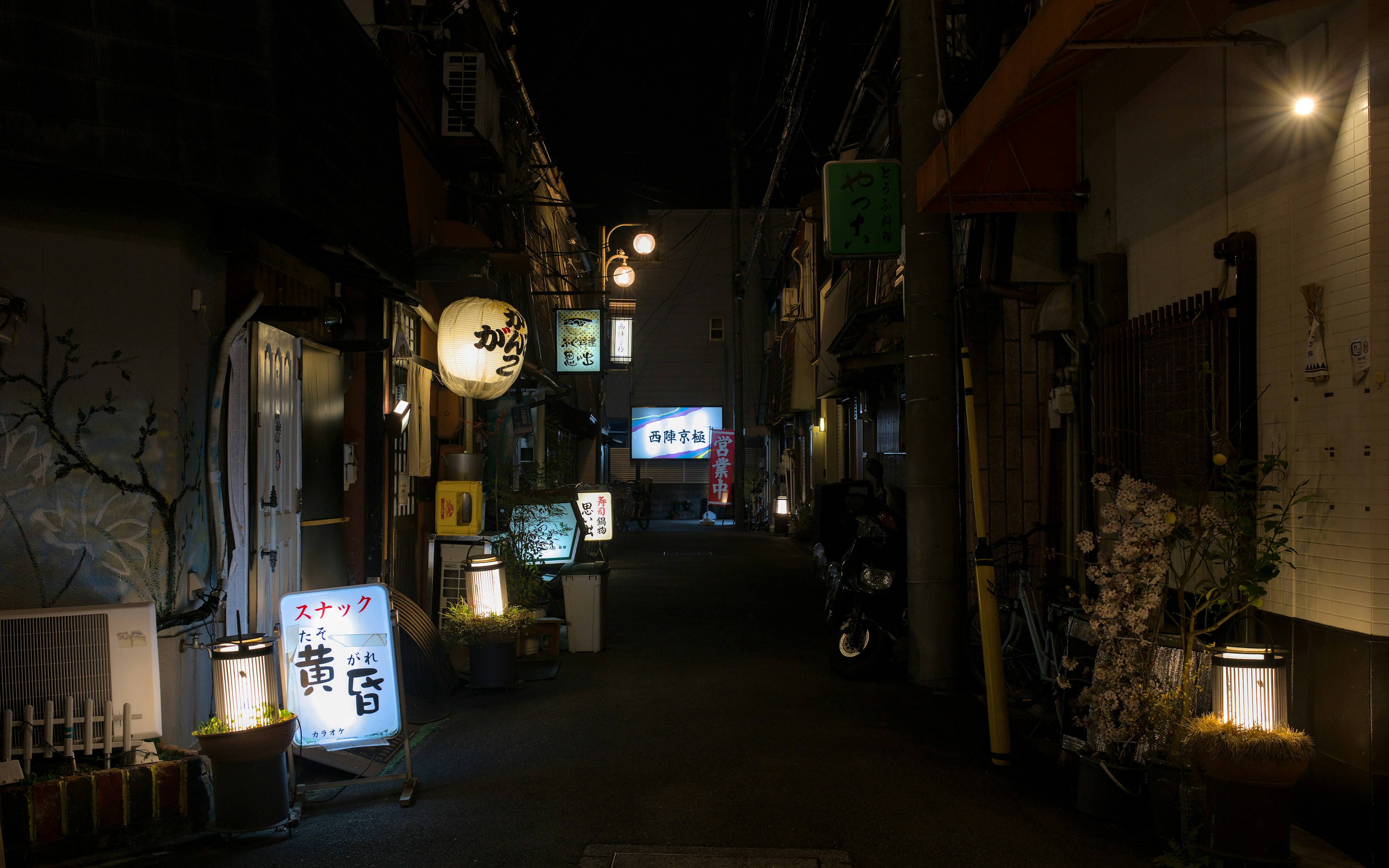 Lantern-lit alleyway descent into the hushed night market