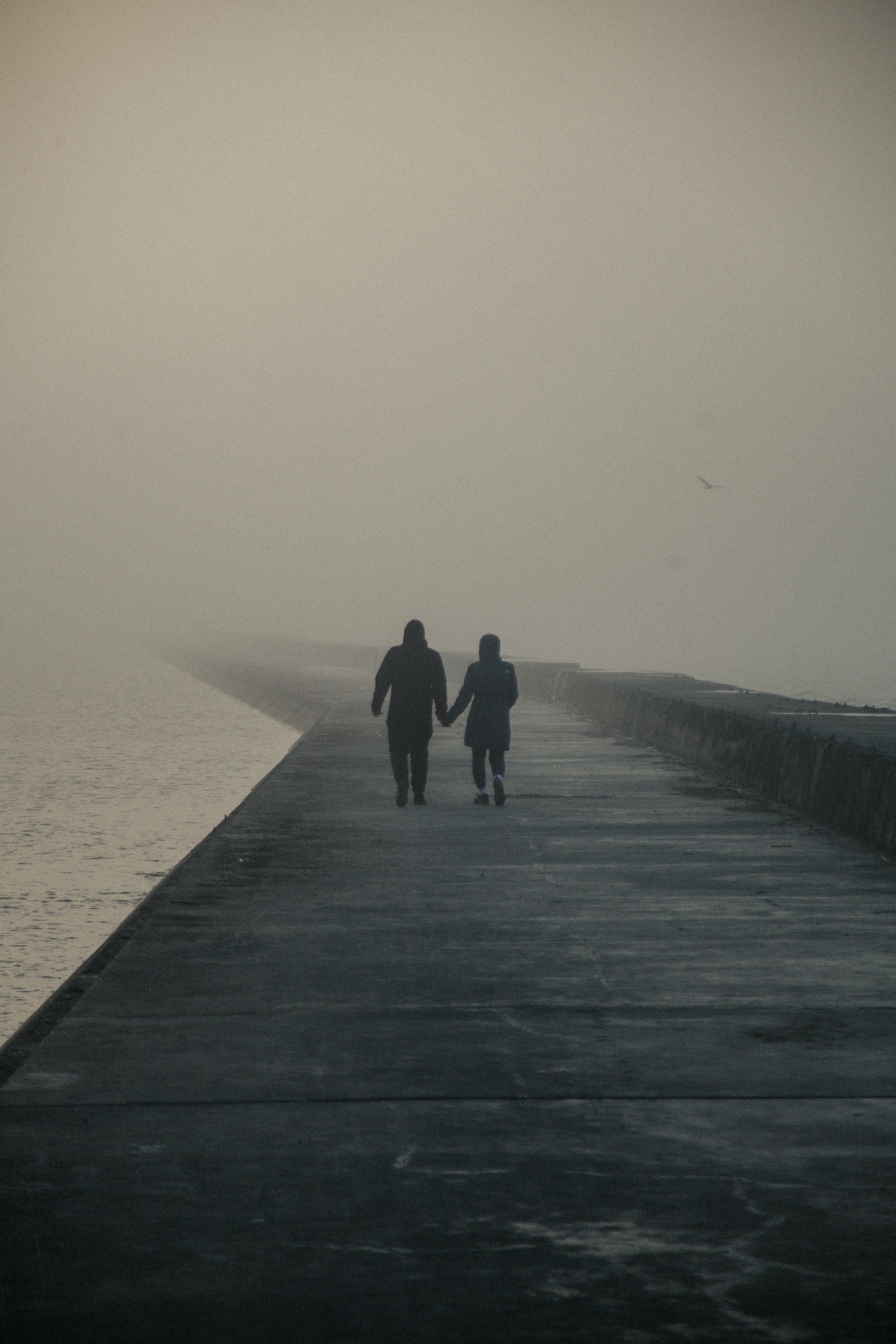 Steps into the Mist: Two Figures Walking a Distant Pier