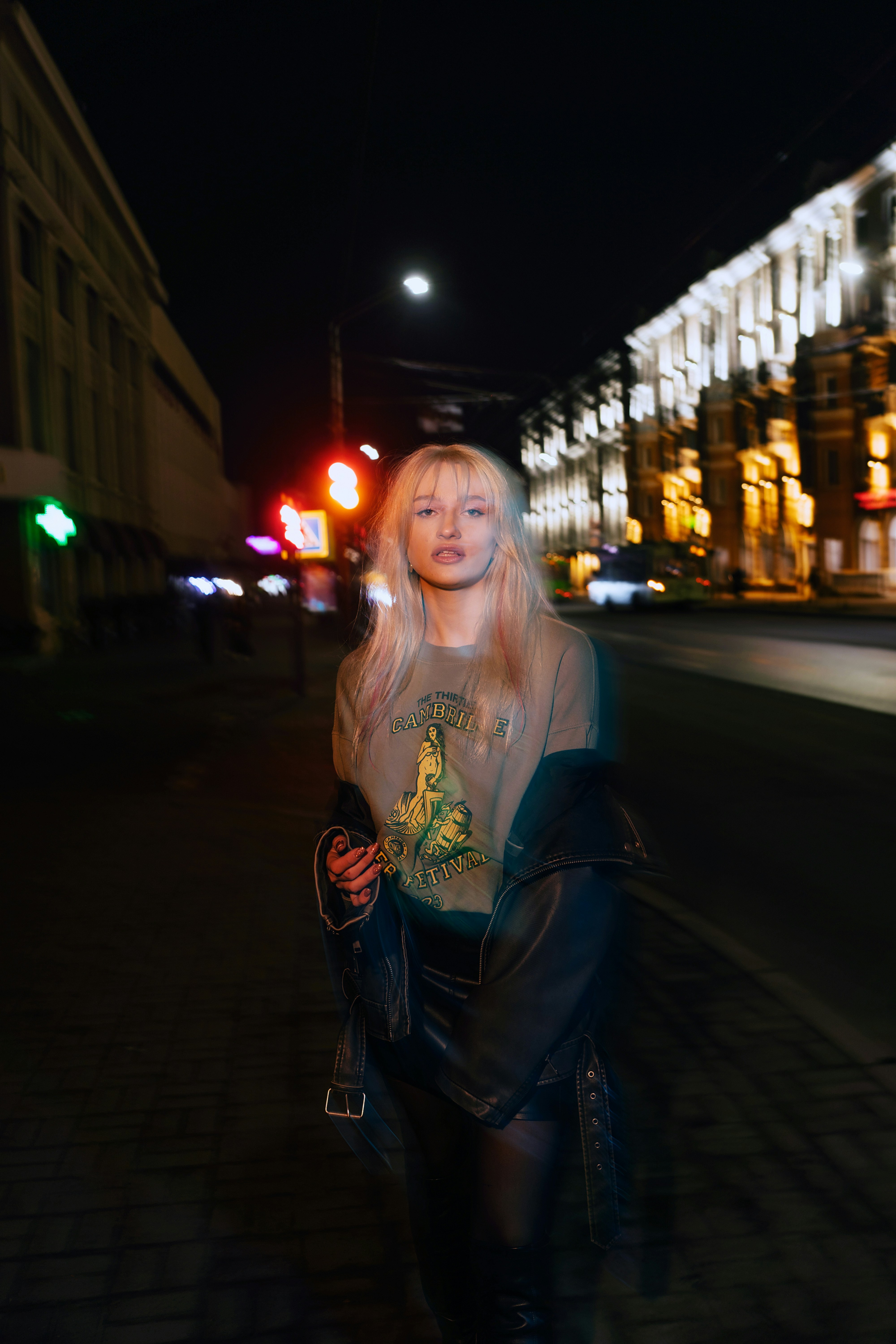 Neon Night Portrait: City Lights Framing a Blush of Blond