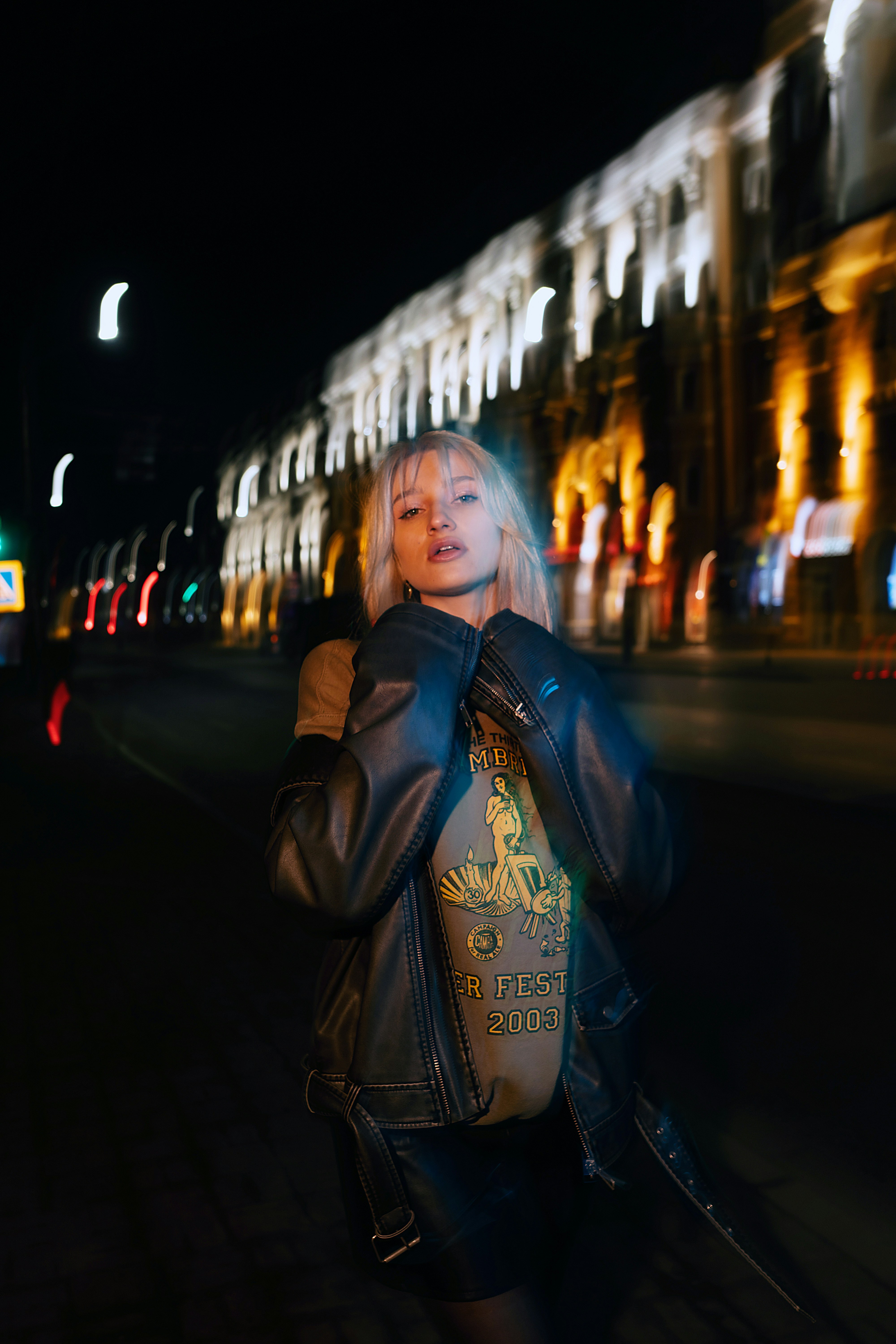 Neon Night Portrait: Leathered Edge Under City Lights