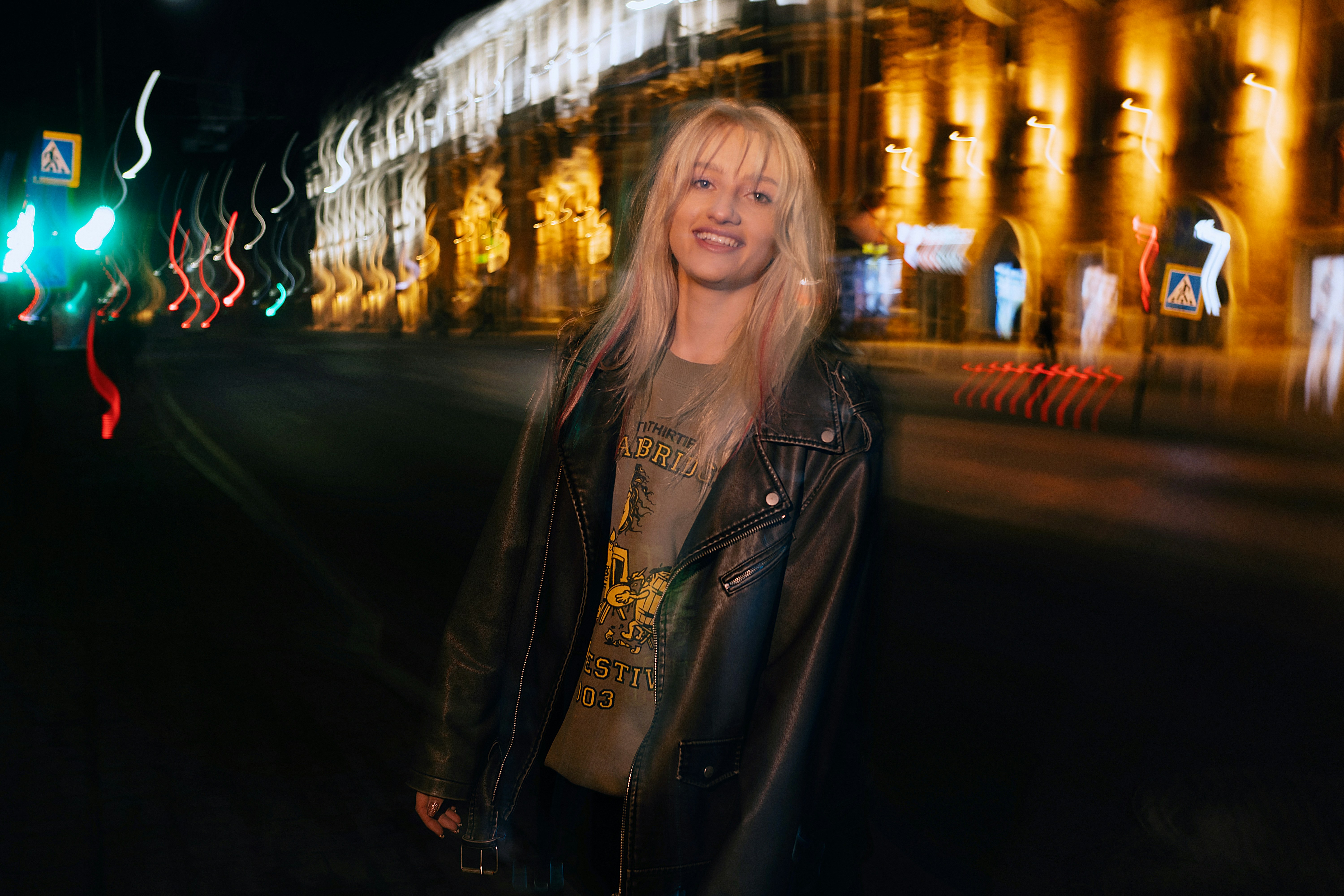 Neon-Glow Moment: A Leather-Clad Vision under City Lights