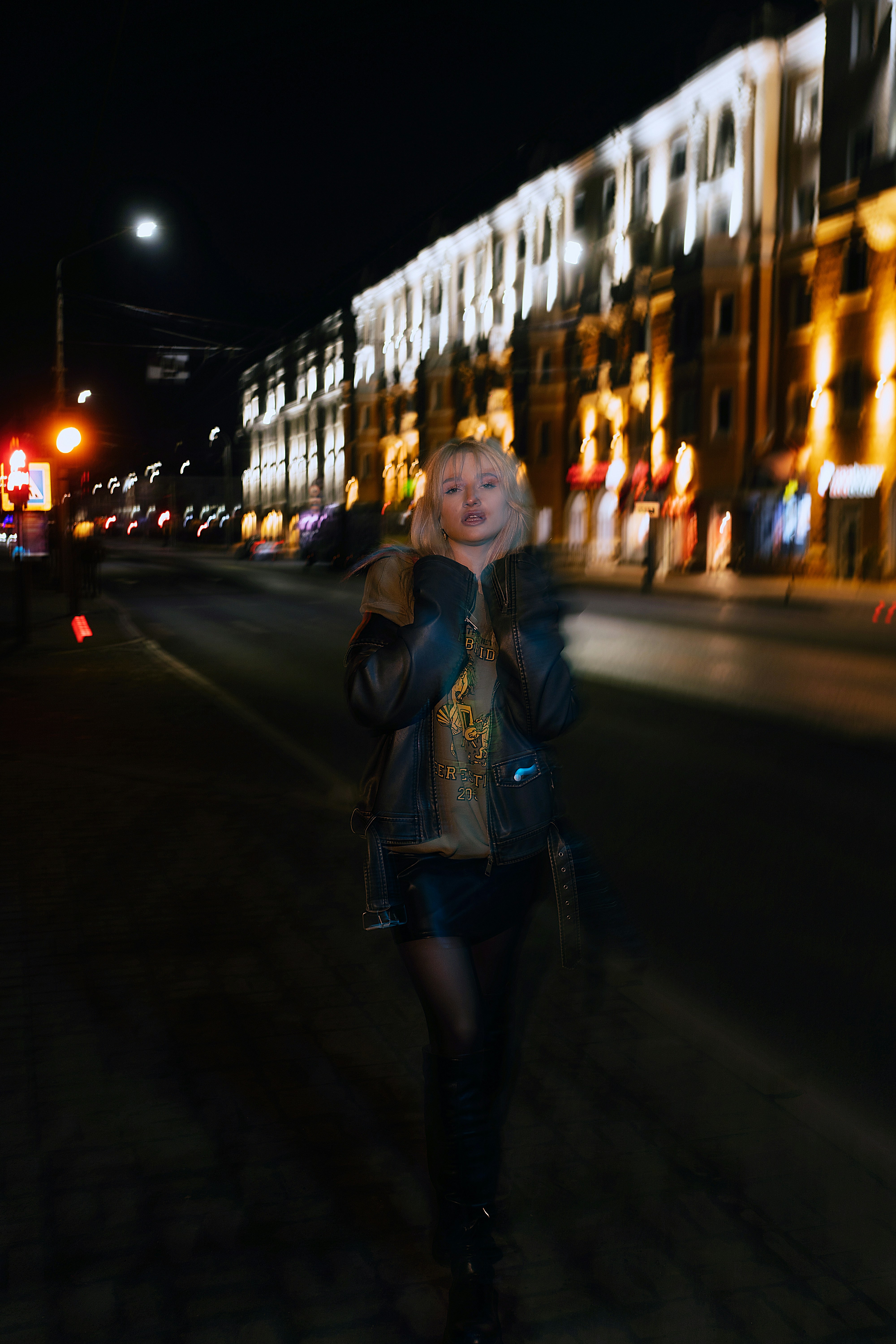 Neon-Street Portrait in a Blurred City Night