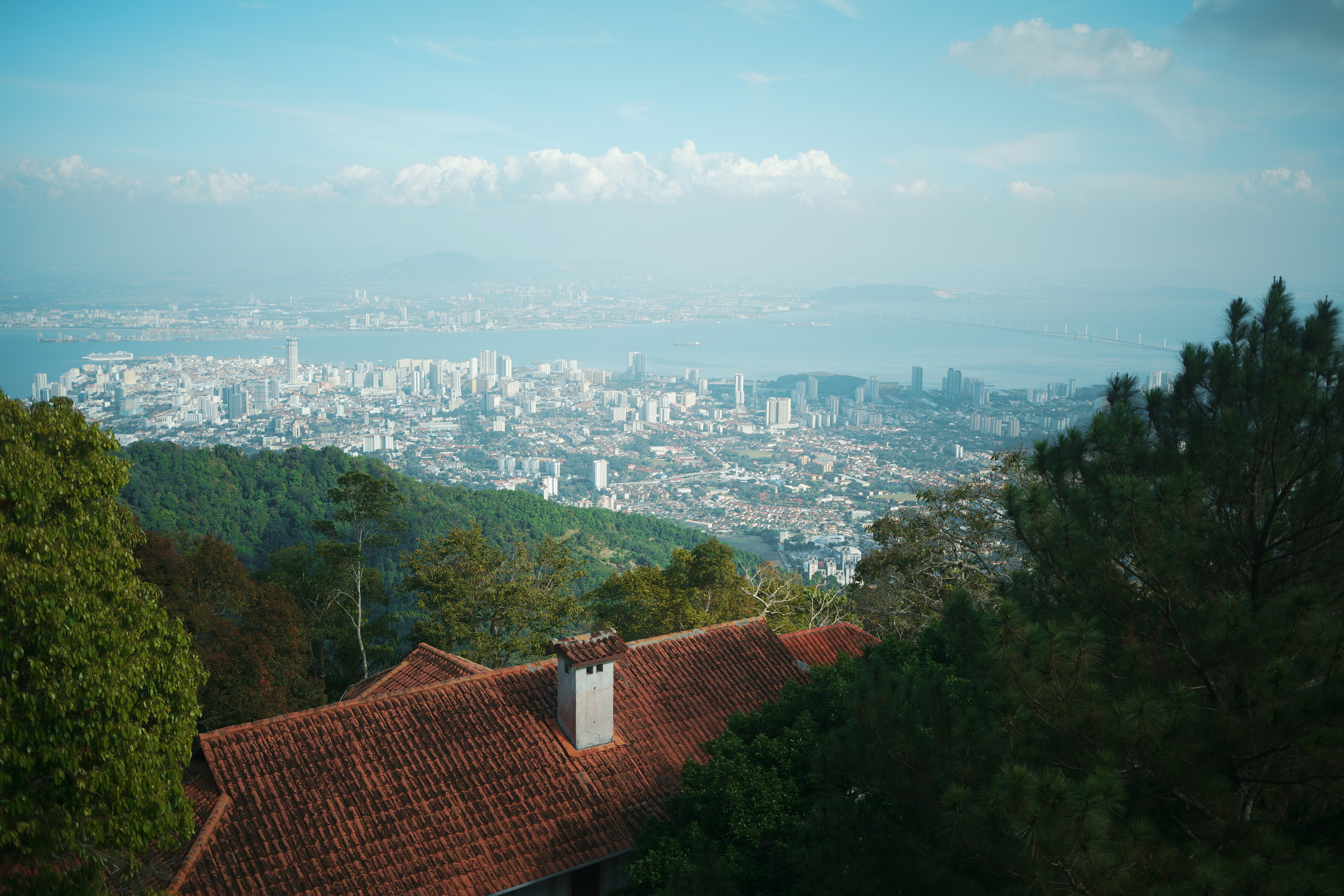 Terraced Rooftops Leading to a Distant Urban Horizon