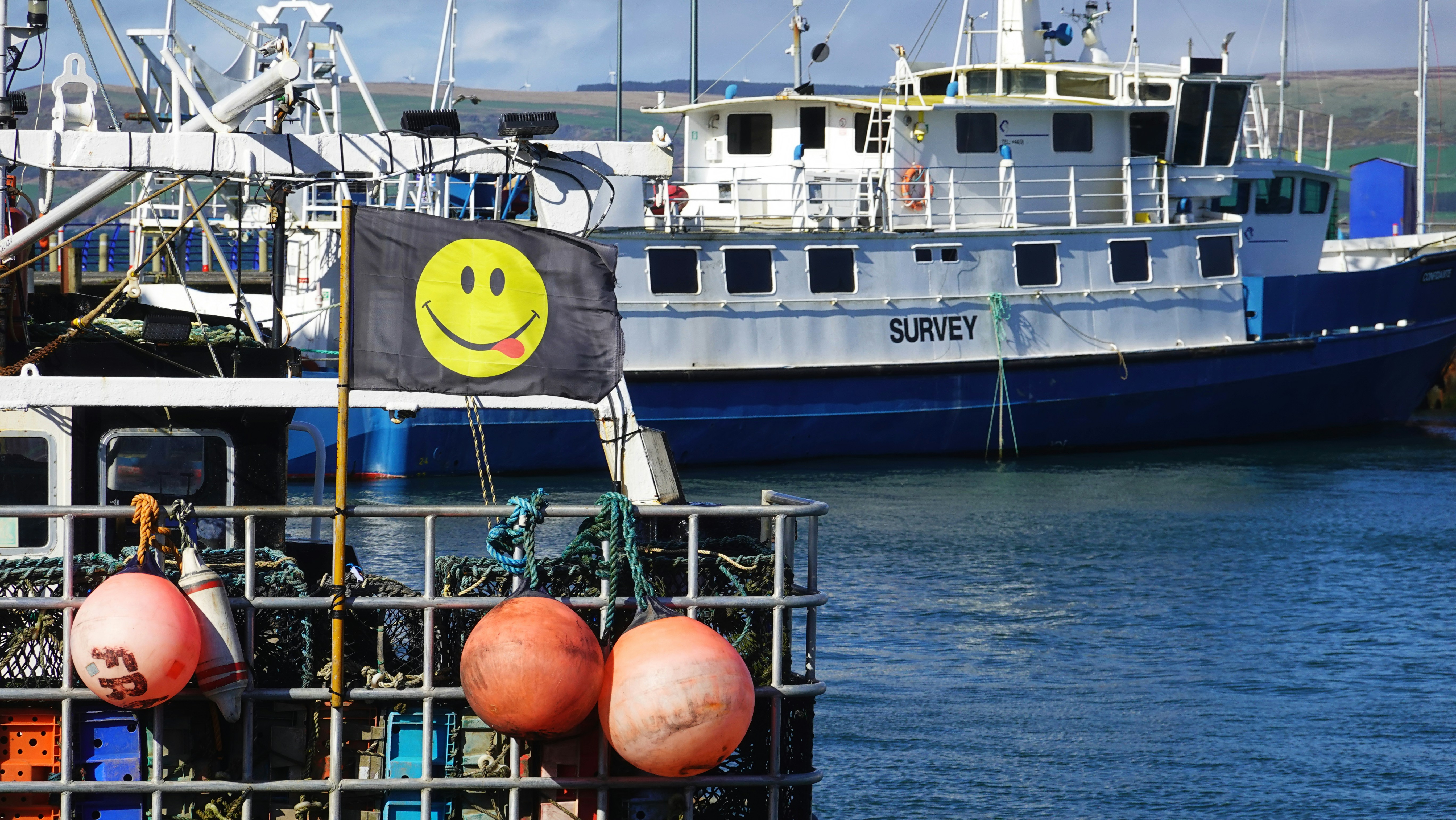 Smiley Flag Over a Working Harbor