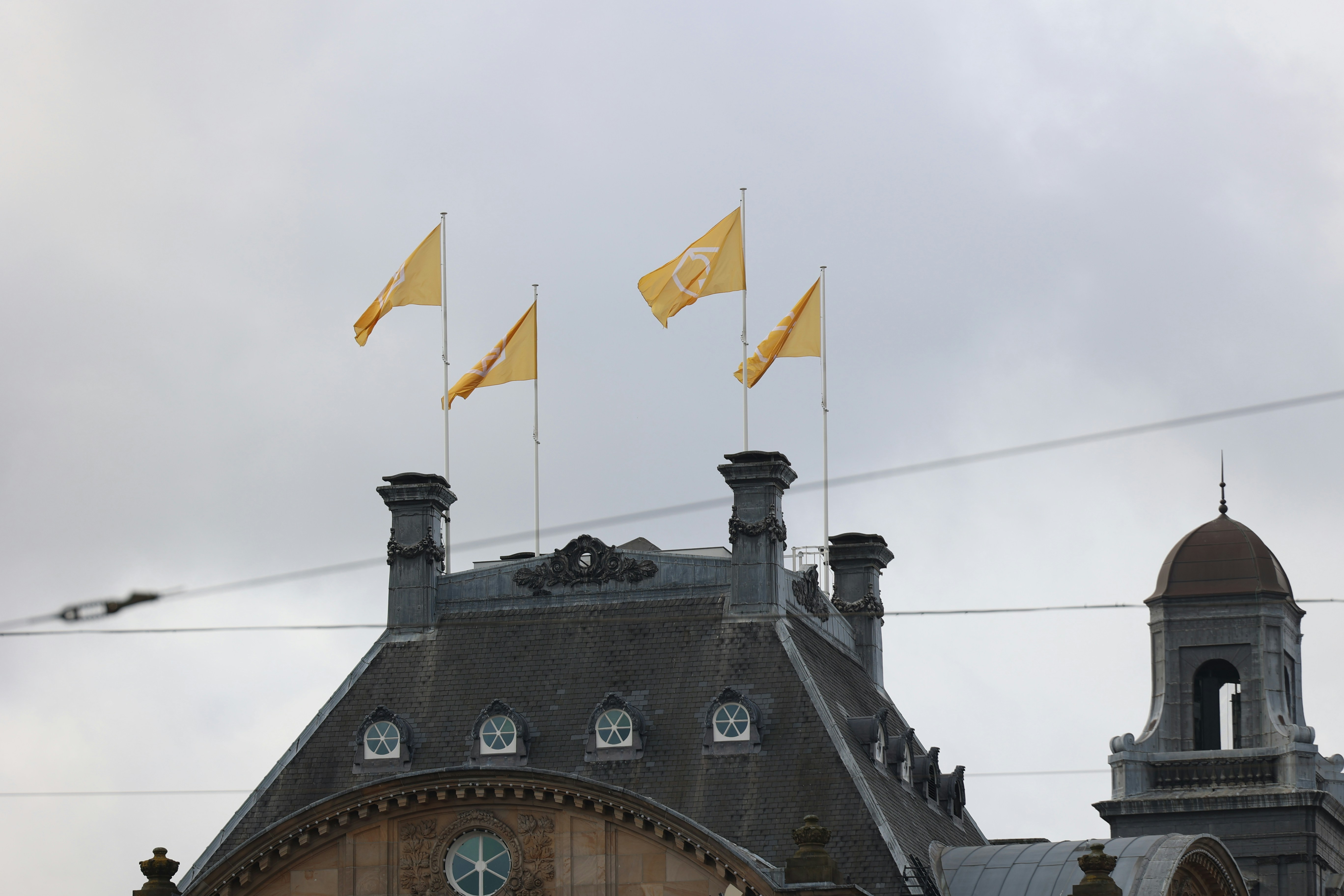 Flagged Rooftop Silhouette under Cloudy Sky