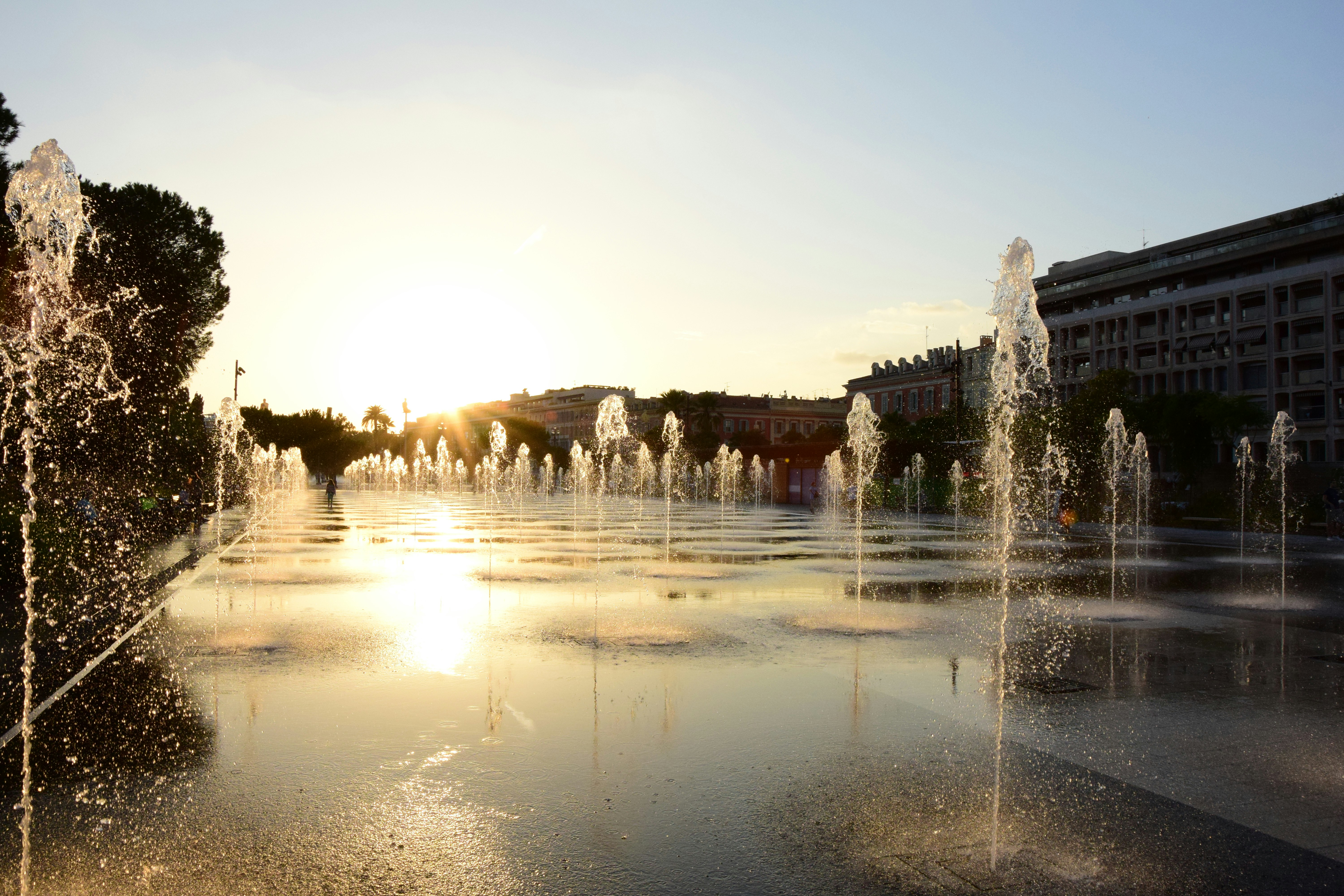 Golden Water Jets at Sundown Plaza