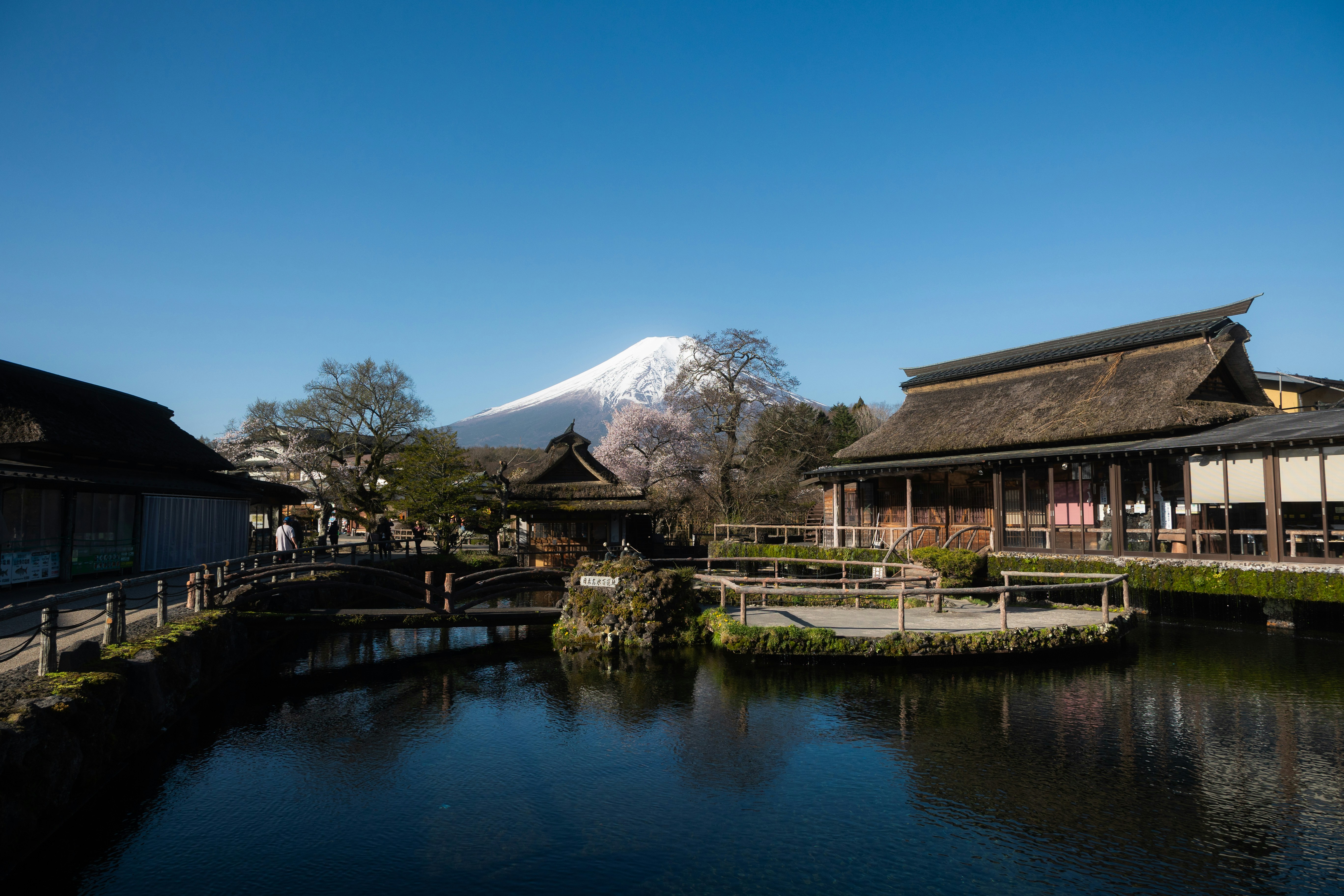 Snow-capped Mount Fuji backdrop over a tranquil village pond