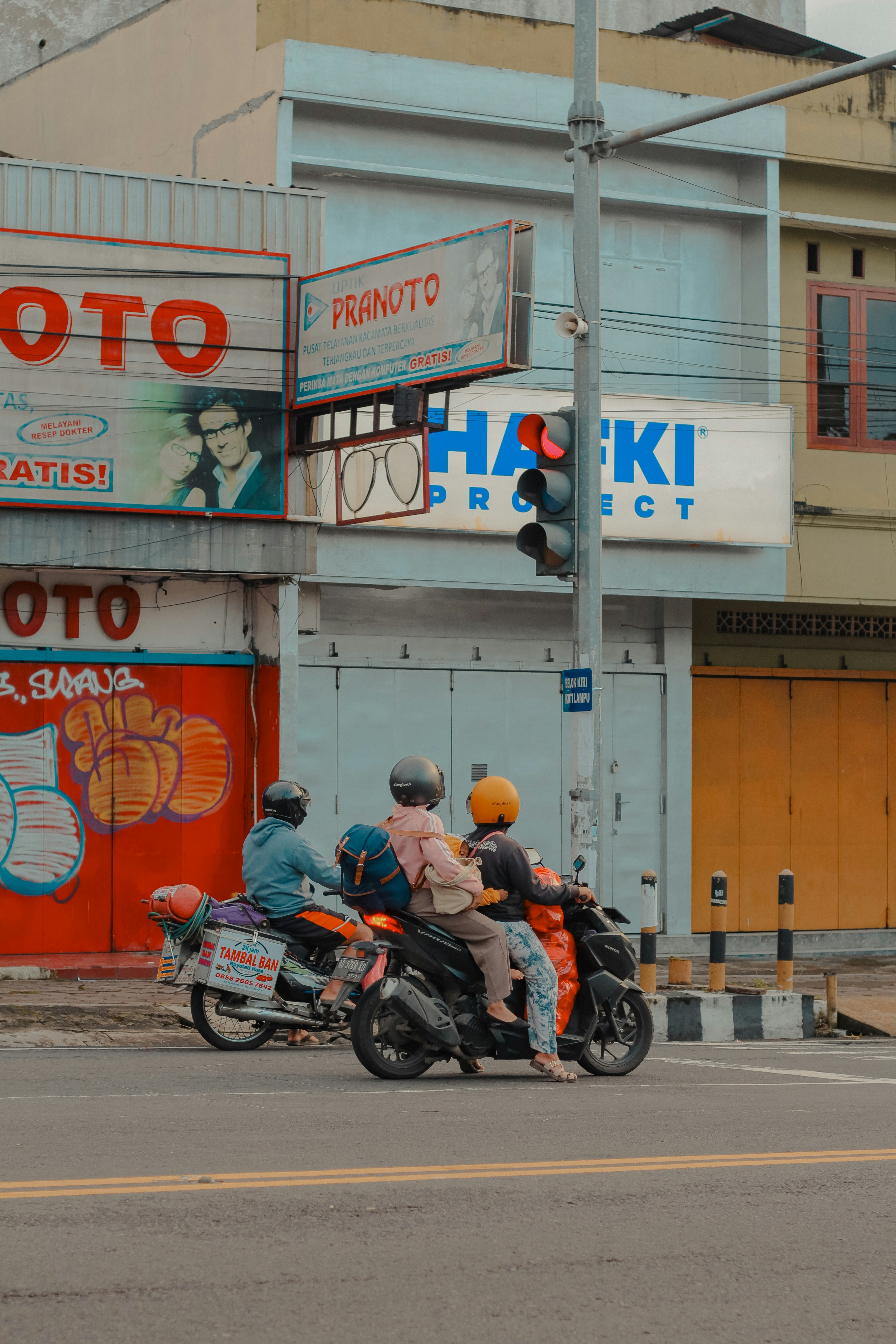 Motorcycle Quartet at a Colorful Street Corner