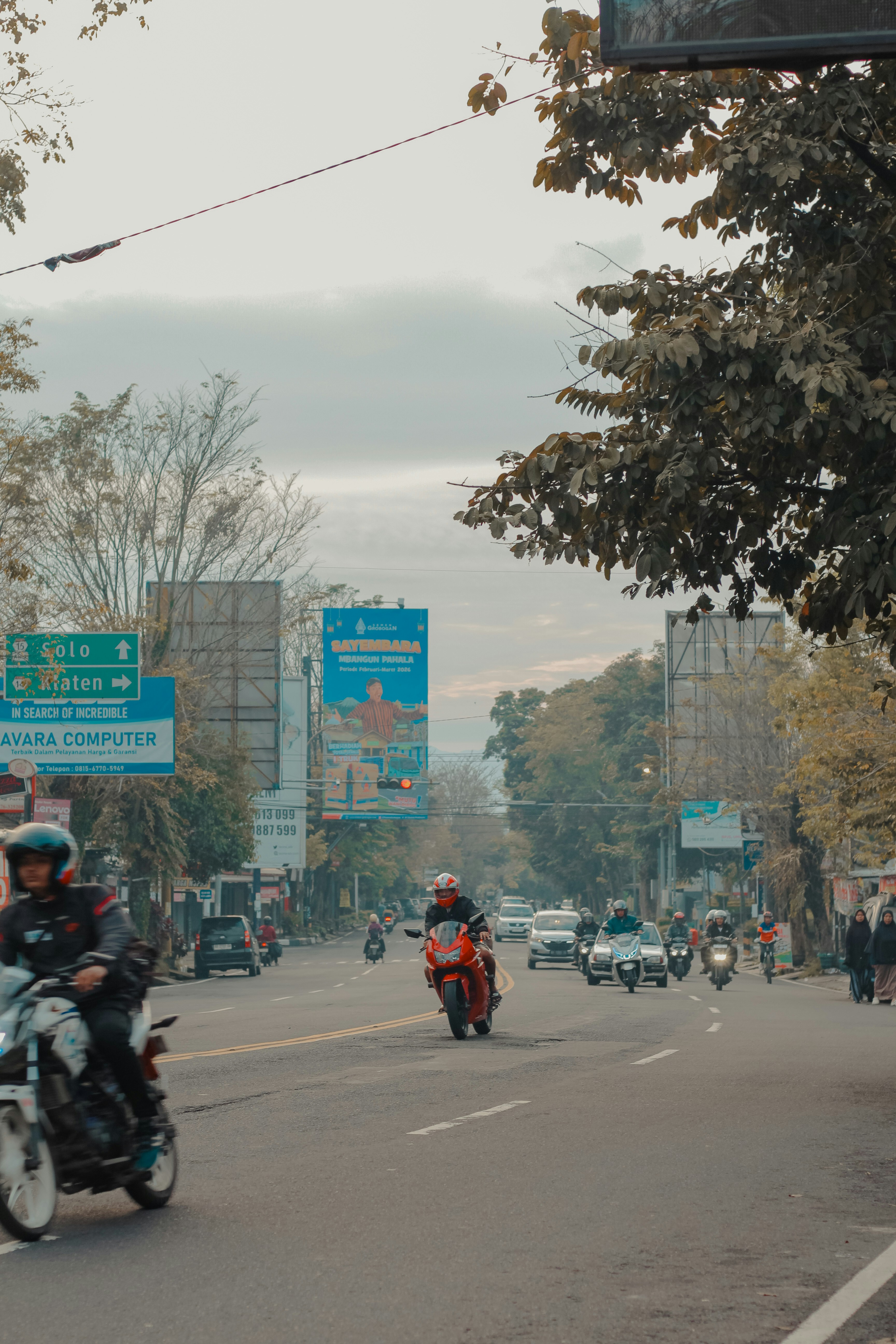 City Boulevard: Motorbikes in Motion under a Canopy of Trees