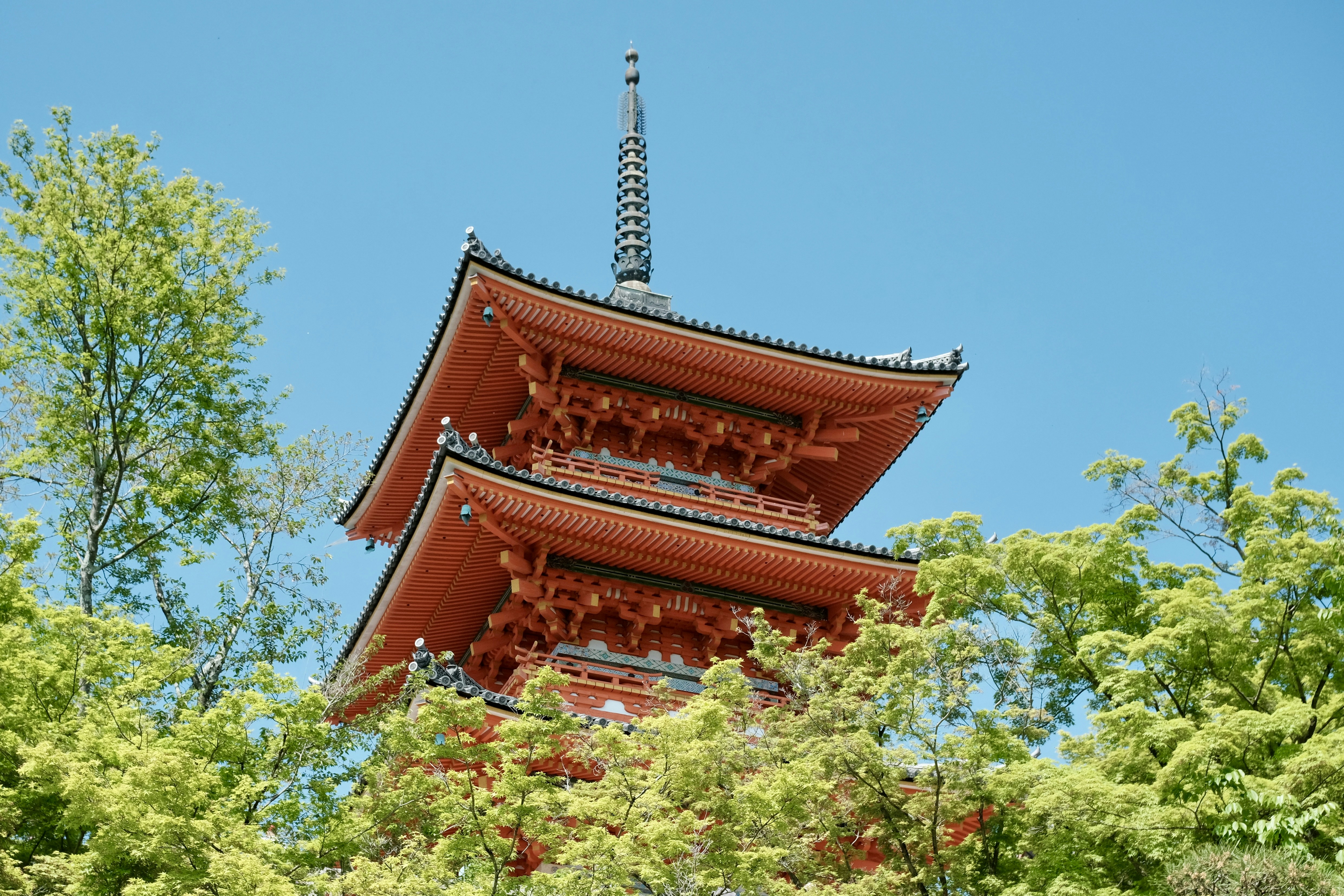 Red Pagoda Emerges Through Spring Foliage