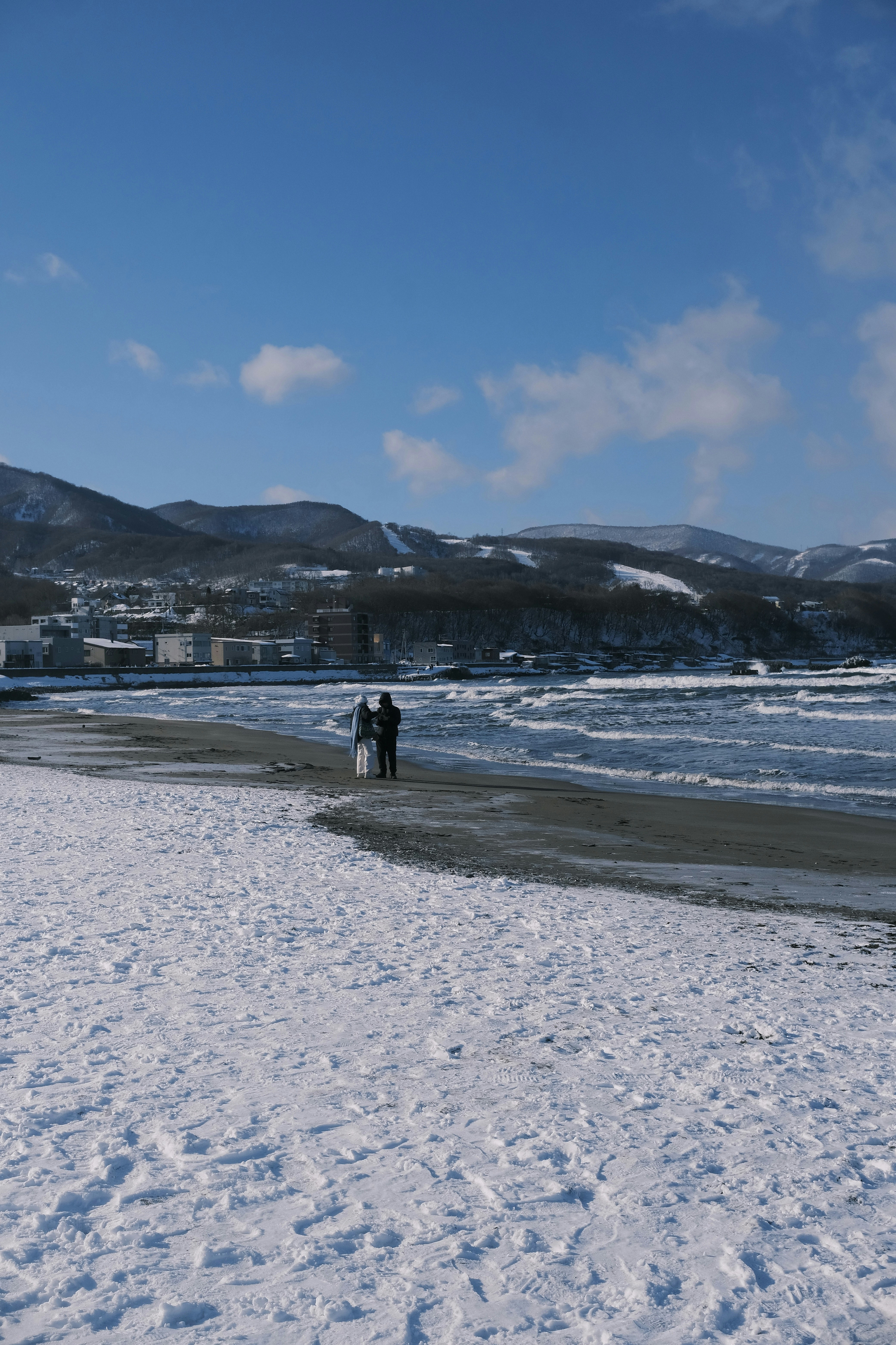 Winter by the Shore: A Couple in Snow-Cushioned Silence