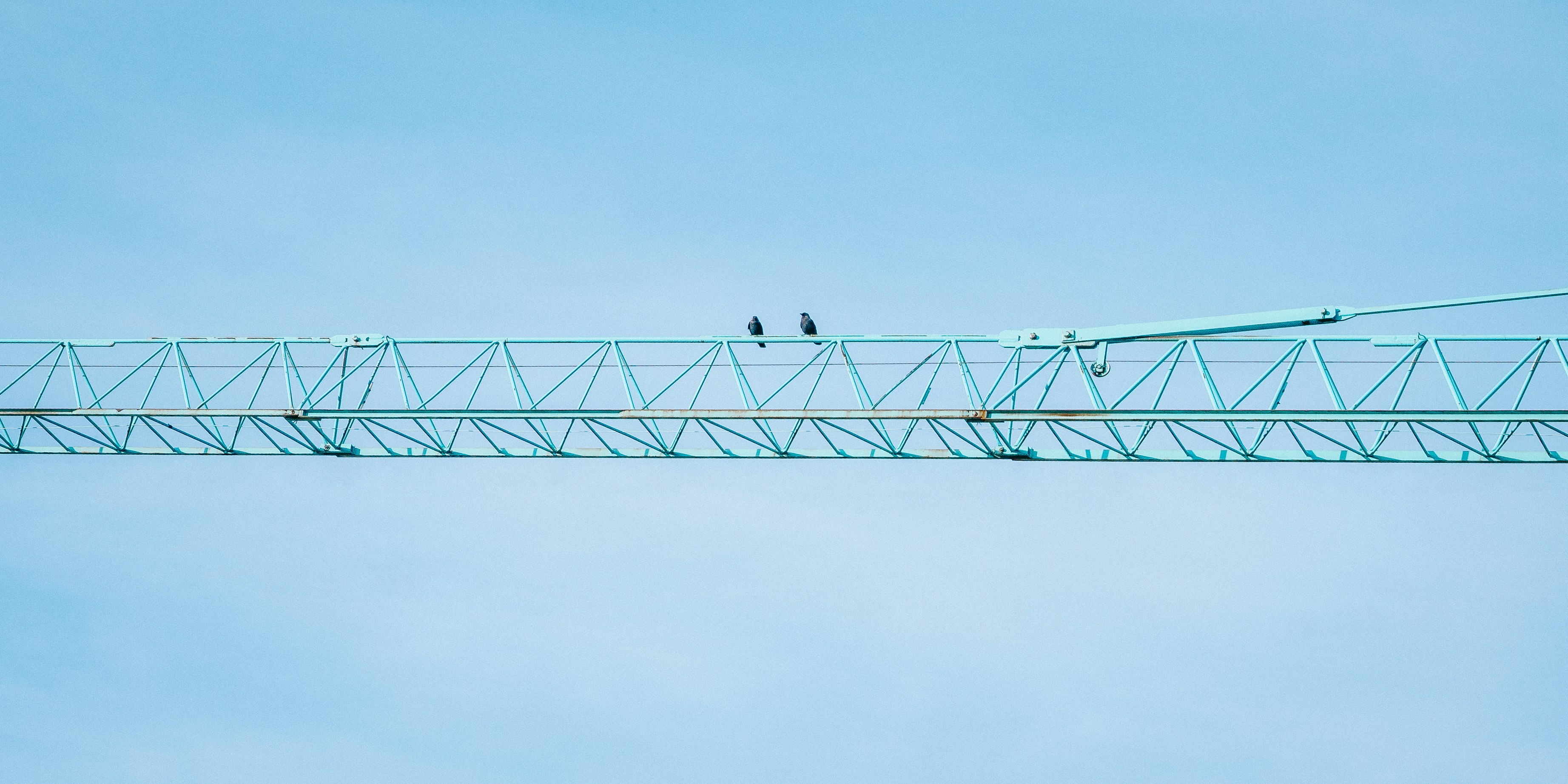Two silhouettes on a distant crane beam against a pale sky