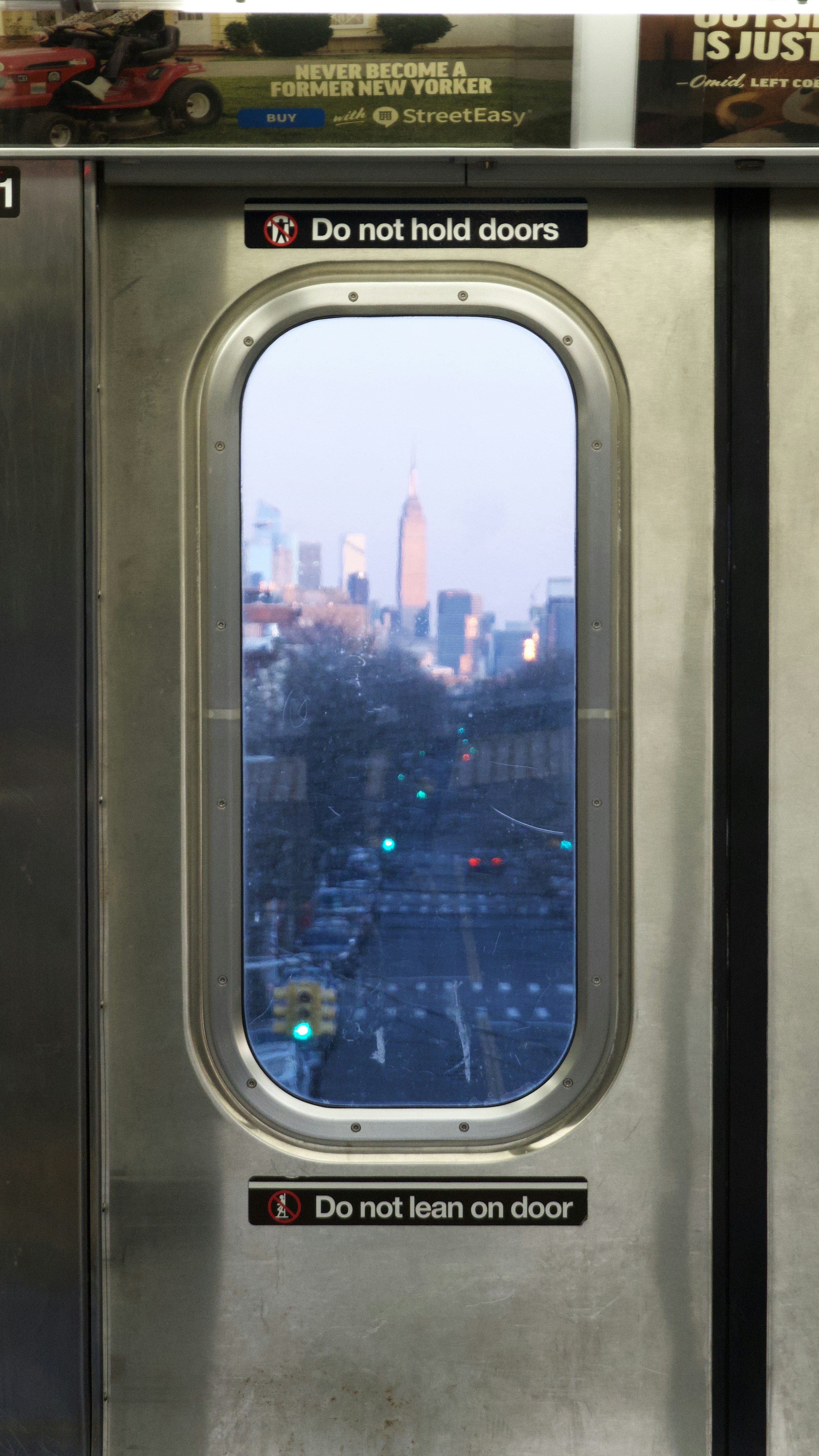 Limited View Through a Subway Door Window on a Distant Skyline