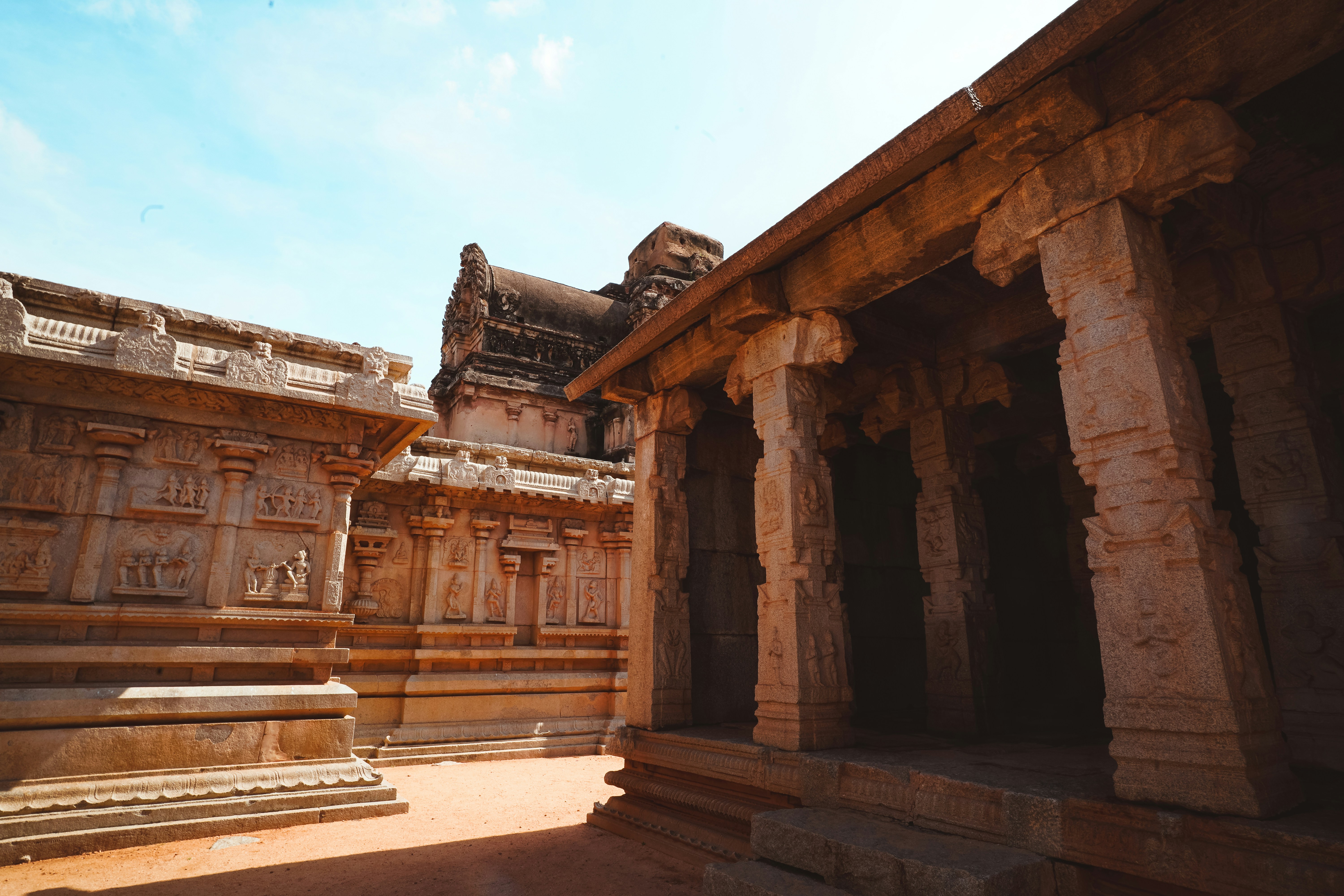Sunlit Carved Pillars at the Temple Court