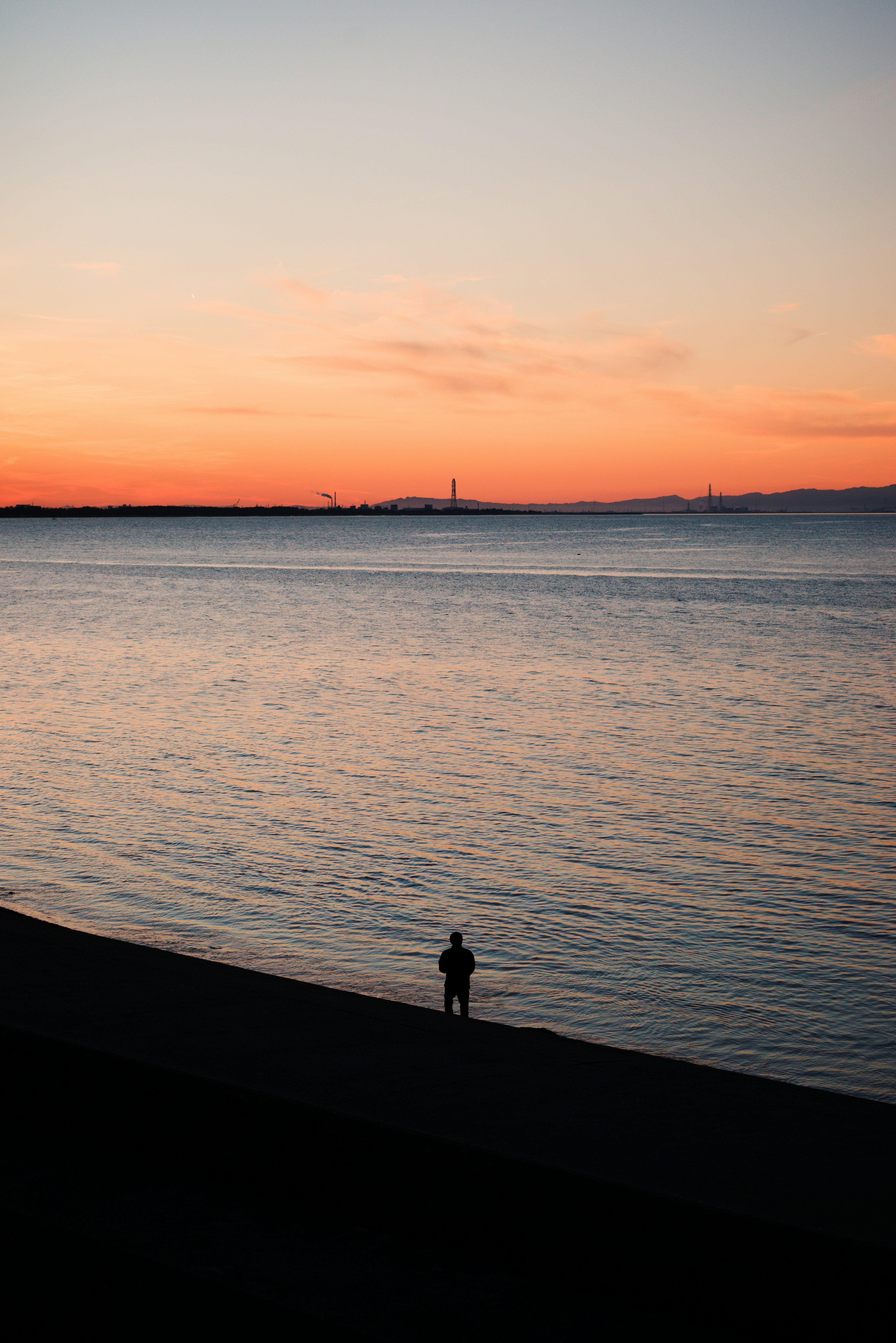 Silhouette by the Shore at Sunset