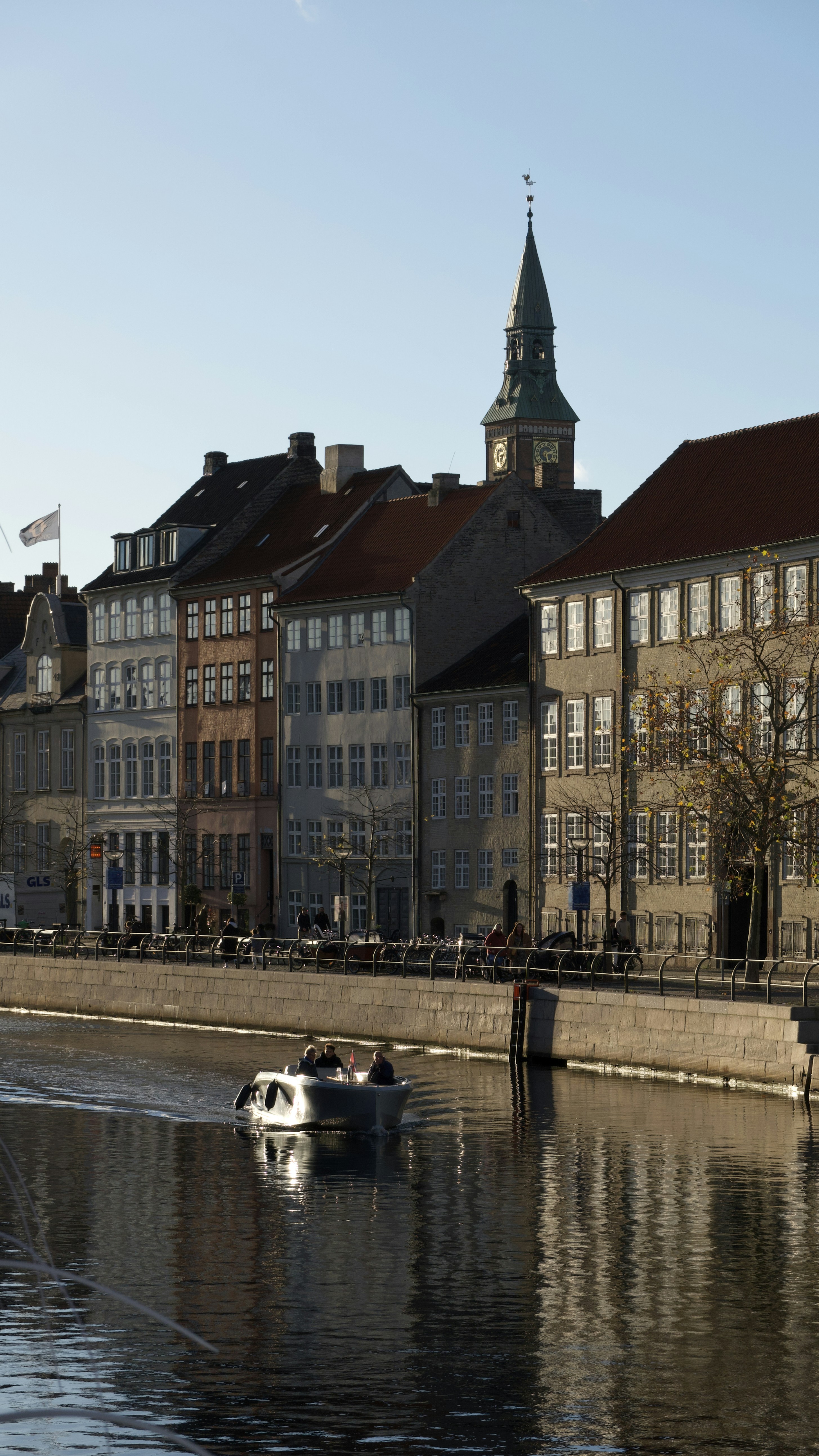 Harborfront Clocktower Amid Historic Facades
