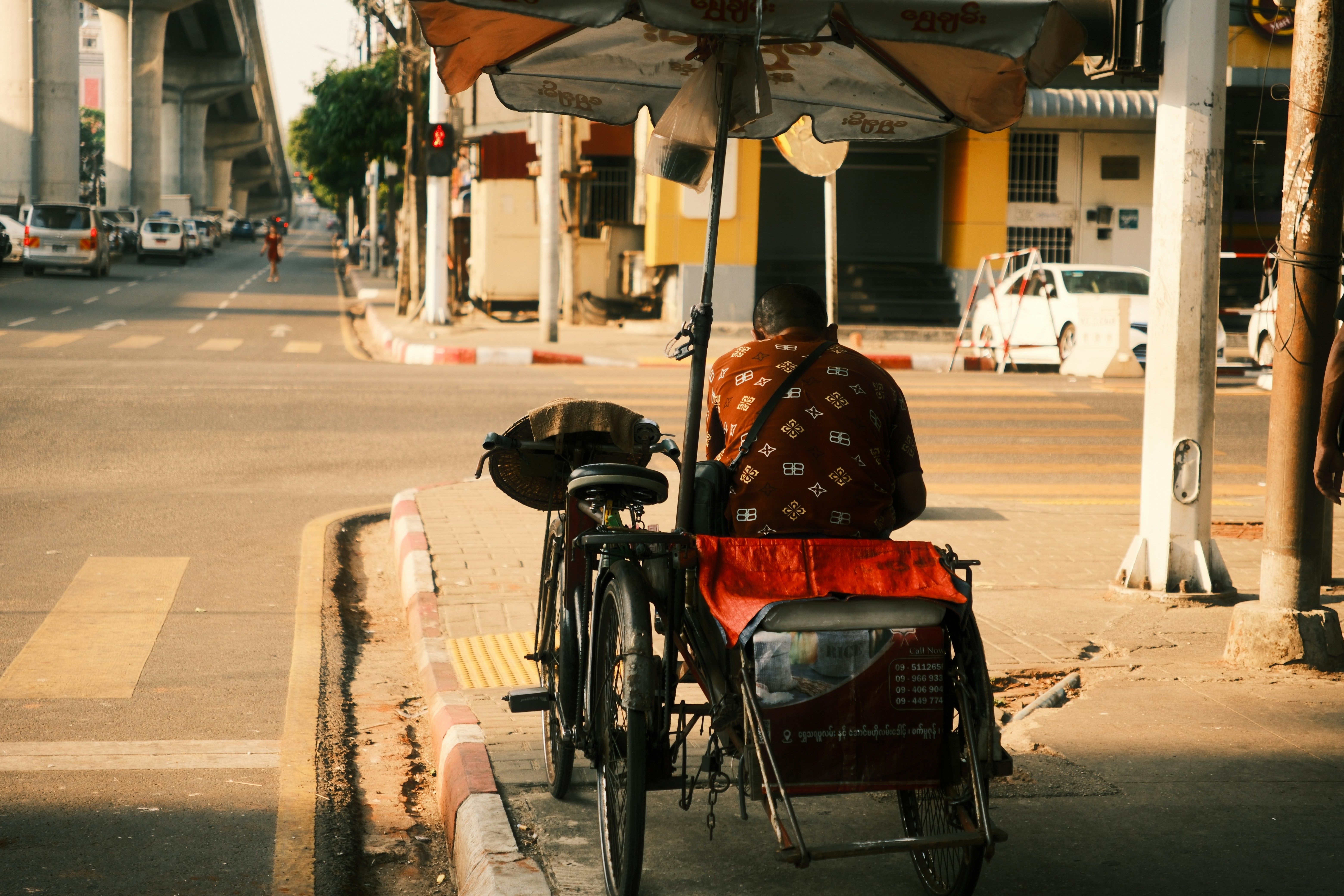 Sunlit Rideshare: The Quiet Bicycle Cart on a Busy Street