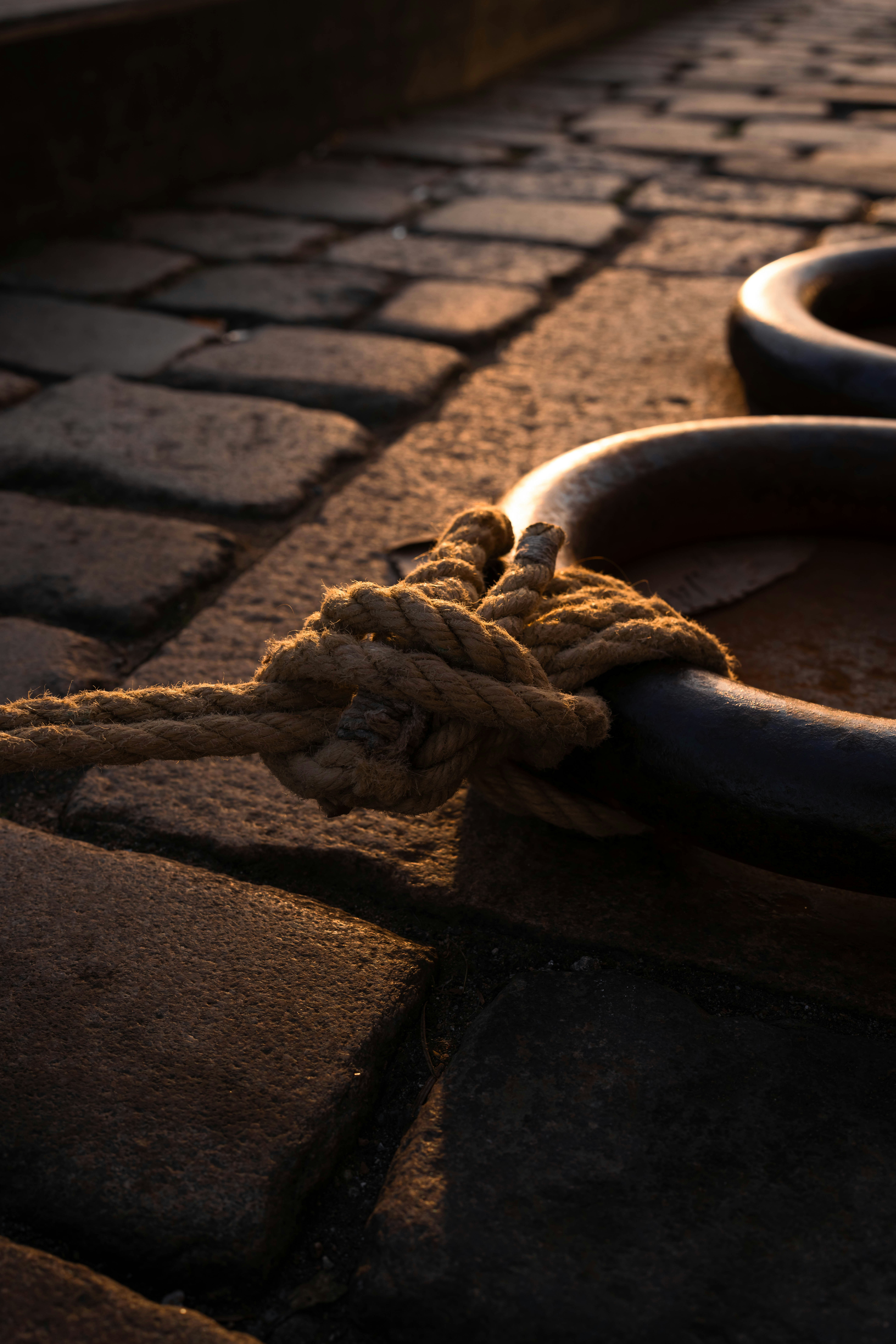 Tethered in the Gloom: A Weathered Rope and Mooring Ring